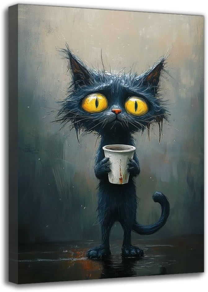 Stray Black Cat with Coffee Canvas Wall Art Print - Modern Framed ...