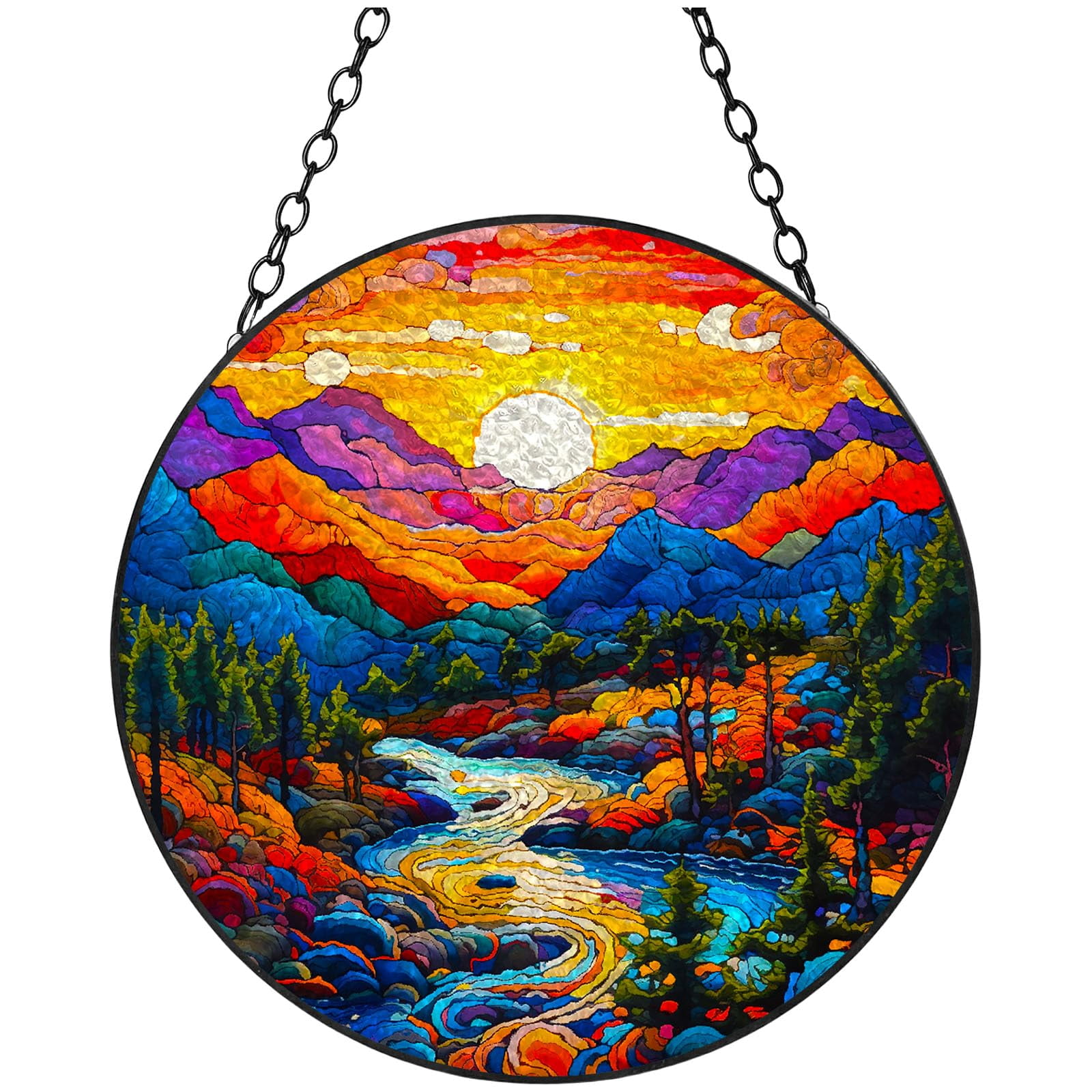 Stream Trees Sunset Mountain Landscape Stained Glass Suncatcher ...