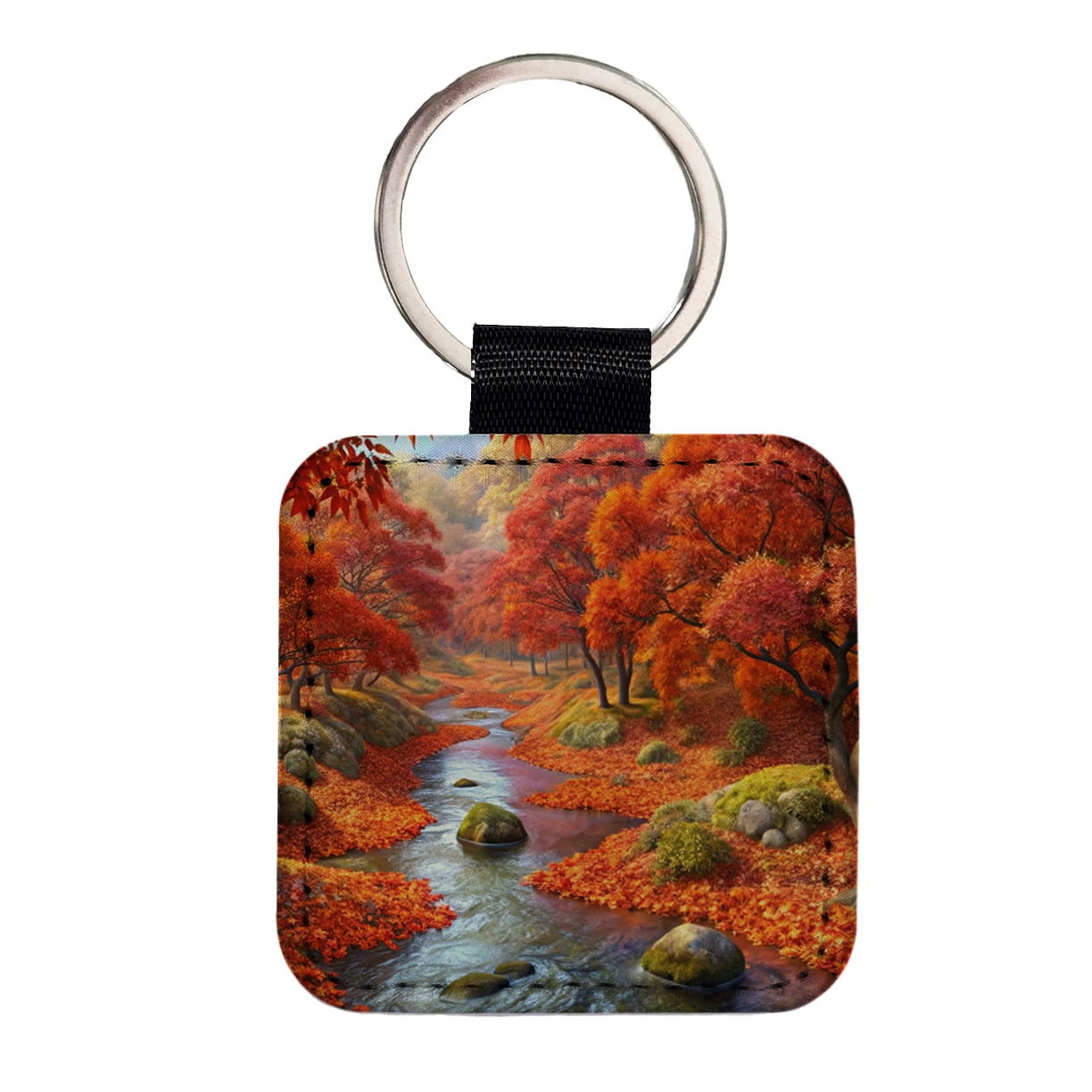 Stream and Trees in Fall Autumn Faux Leather Square Keychain - Walmart.com