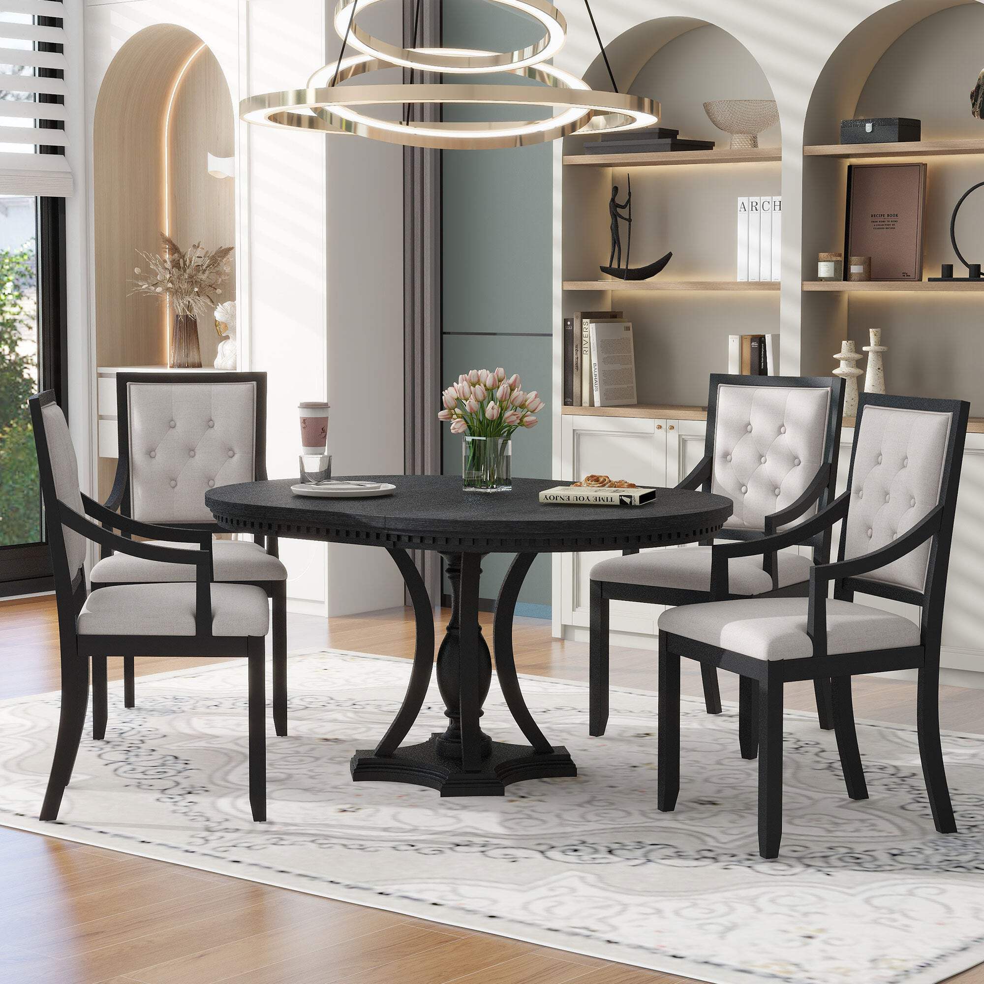 Streamdale Retro 5-Piece Dining Set Extendable Round Table And 4 Chairs ...