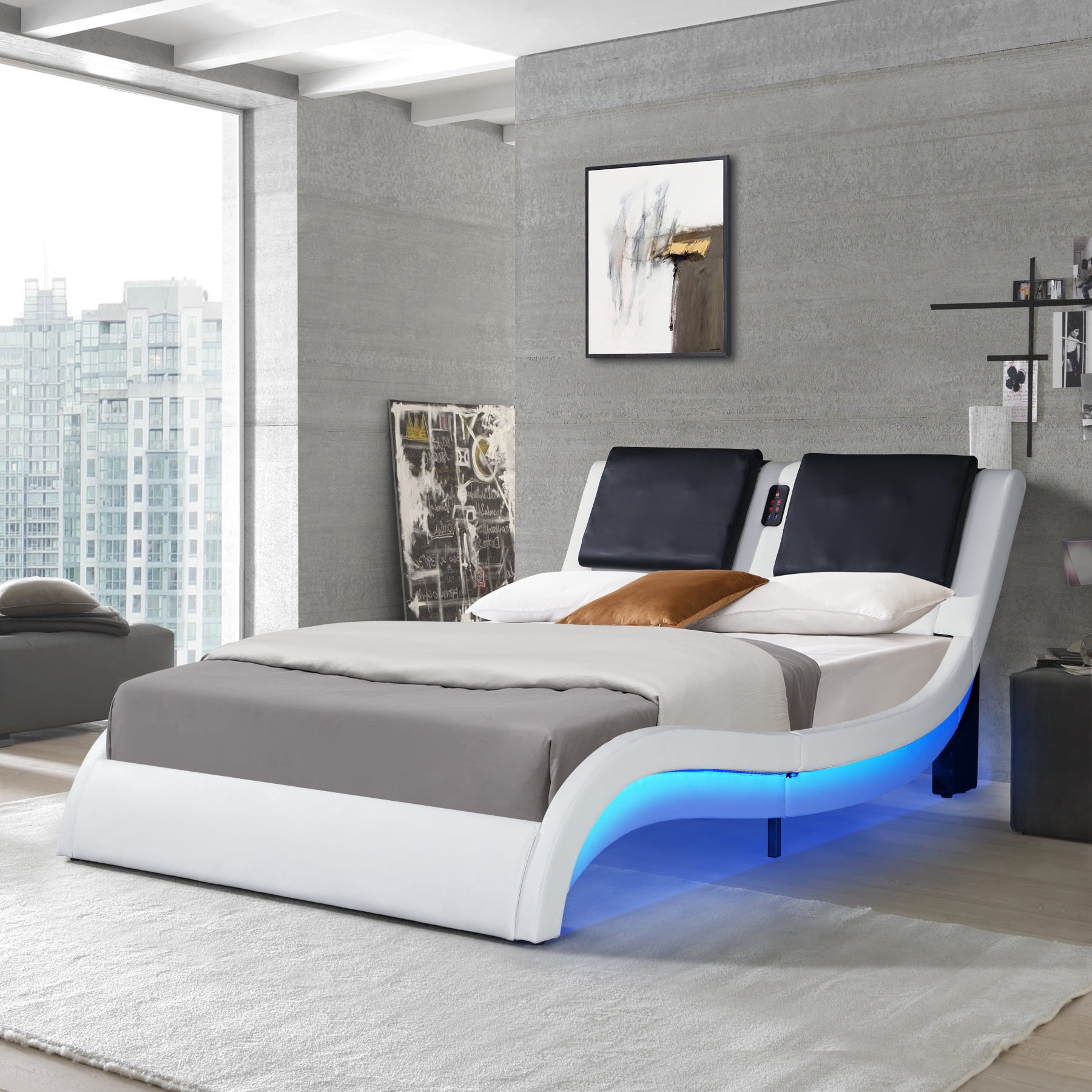 Streamlined Upholstered Platform Bed with Led Lighting and Bluetooth ...