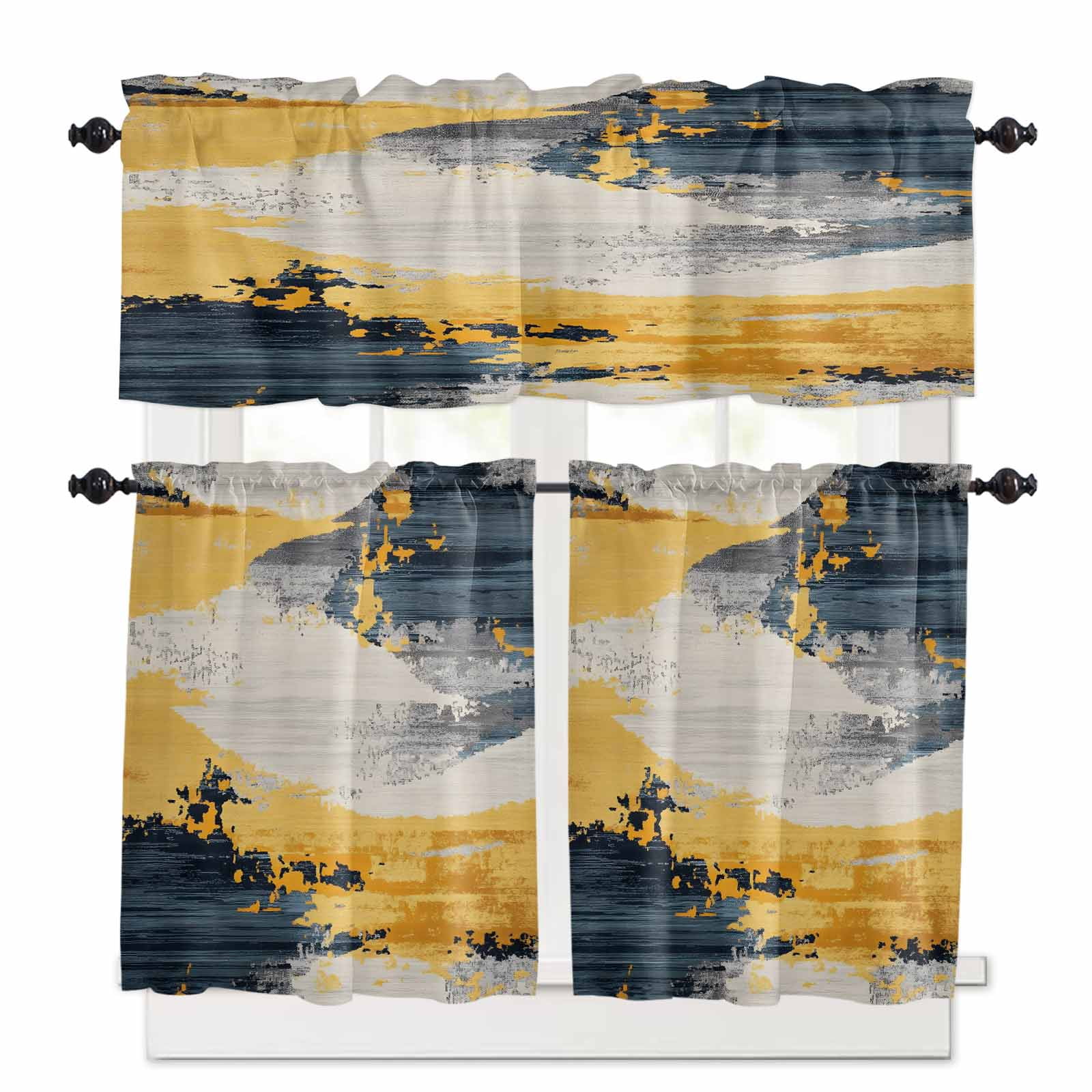 Street Art Kitchen Curtains and Valances Set, Watercolor Yellow Gray ...