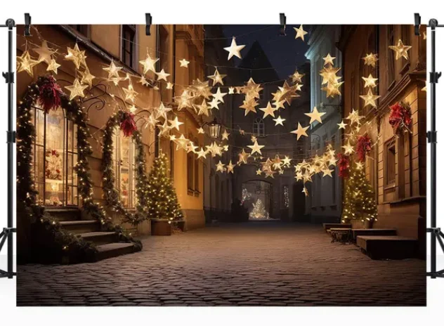 Street Backdrop Photography Winter Snow Golden Star Lights House ...