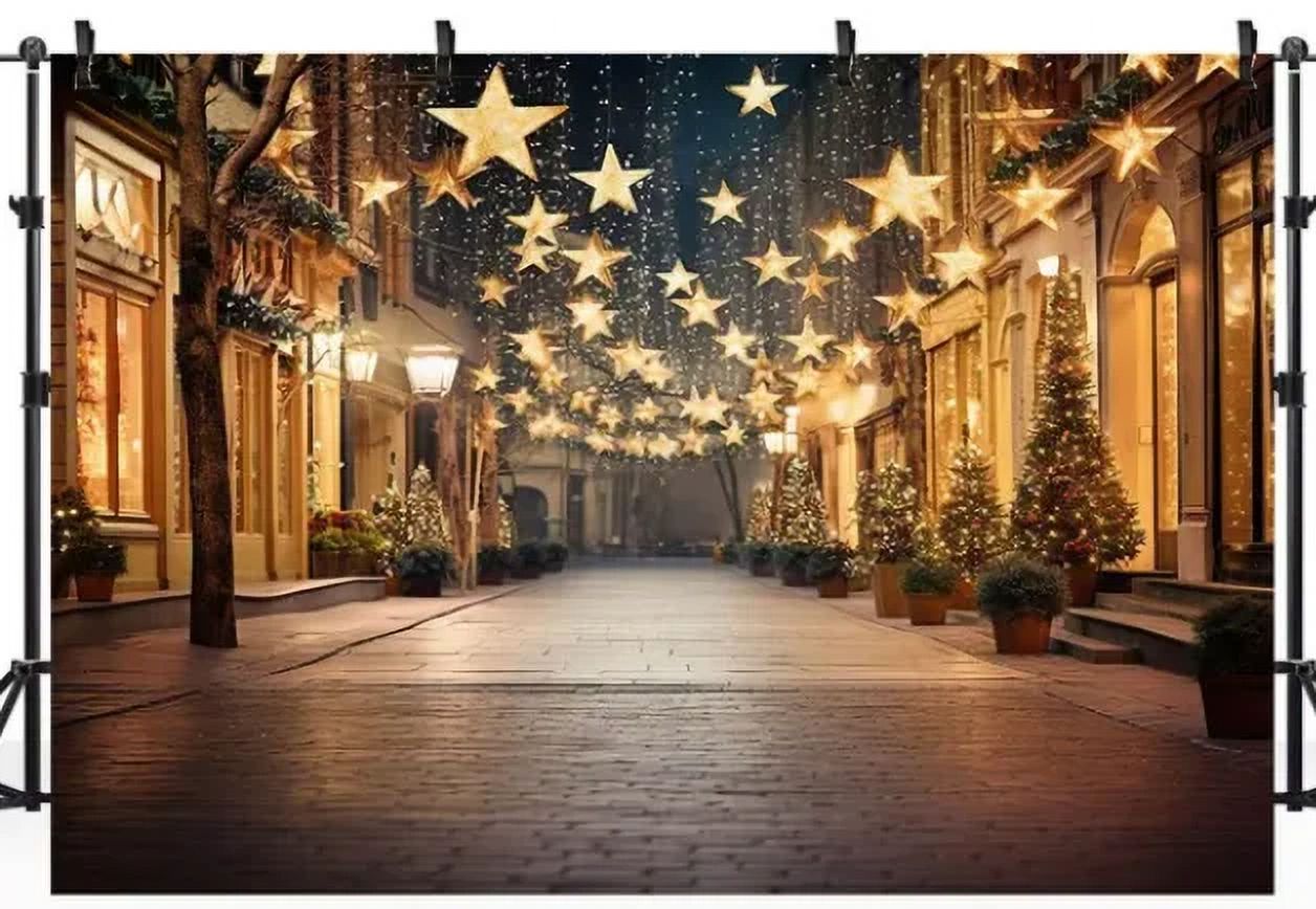 Street Backdrop Photography Winter Snow Golden Star Lights House ...