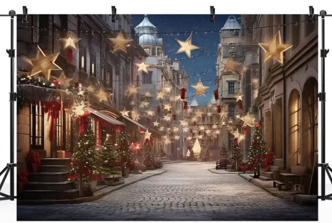 Street Backdrop Photography Winter Snow Golden Star Lights House ...