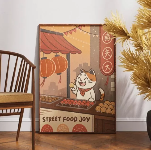 Street Food Joy Cat Poster, Retro Asian Art, Kawaii Food Print NO FRAMED POSTER, Home Decor ...