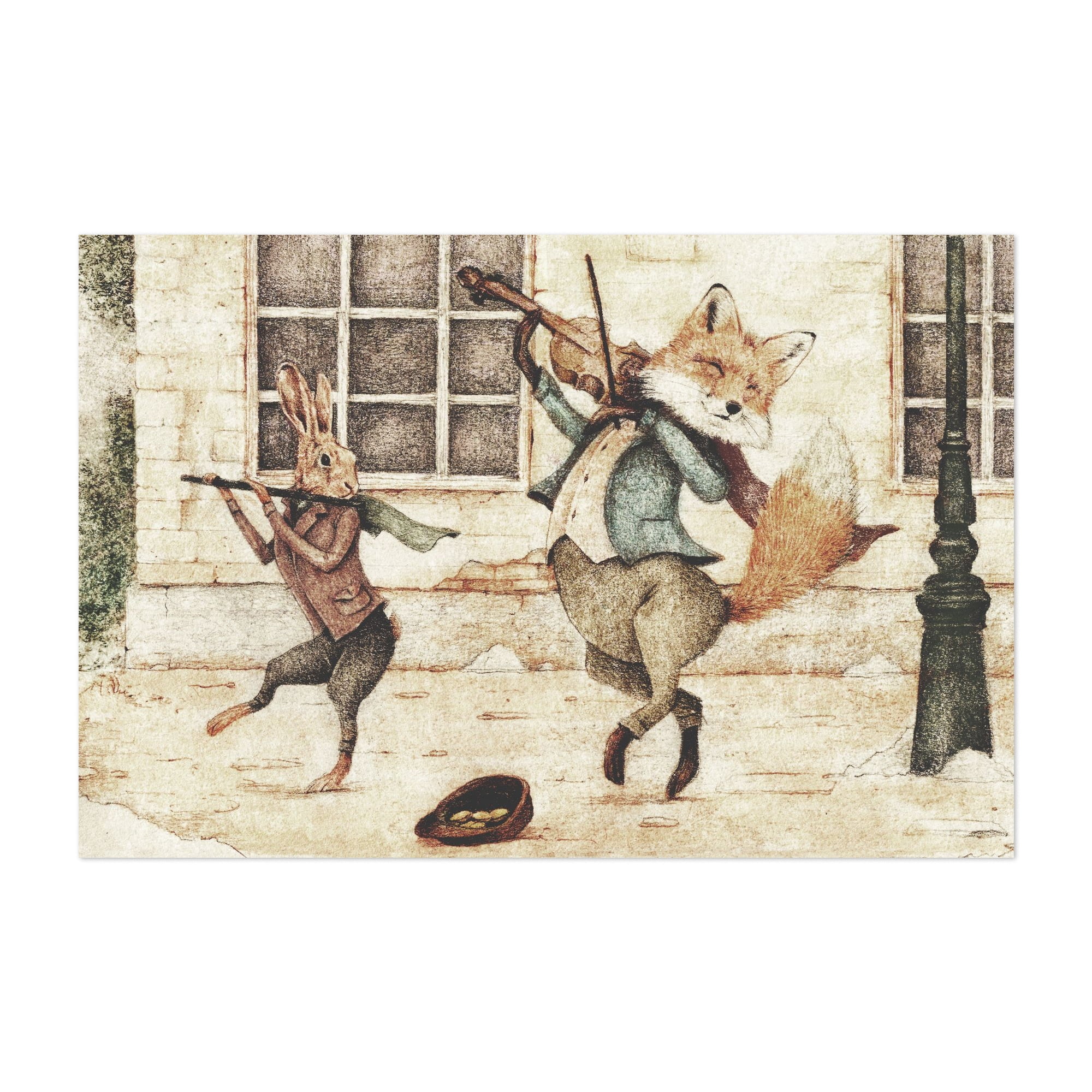 Street Musicians - Drawing Fantasy Vintage Whimsical Rustic Unframed ...