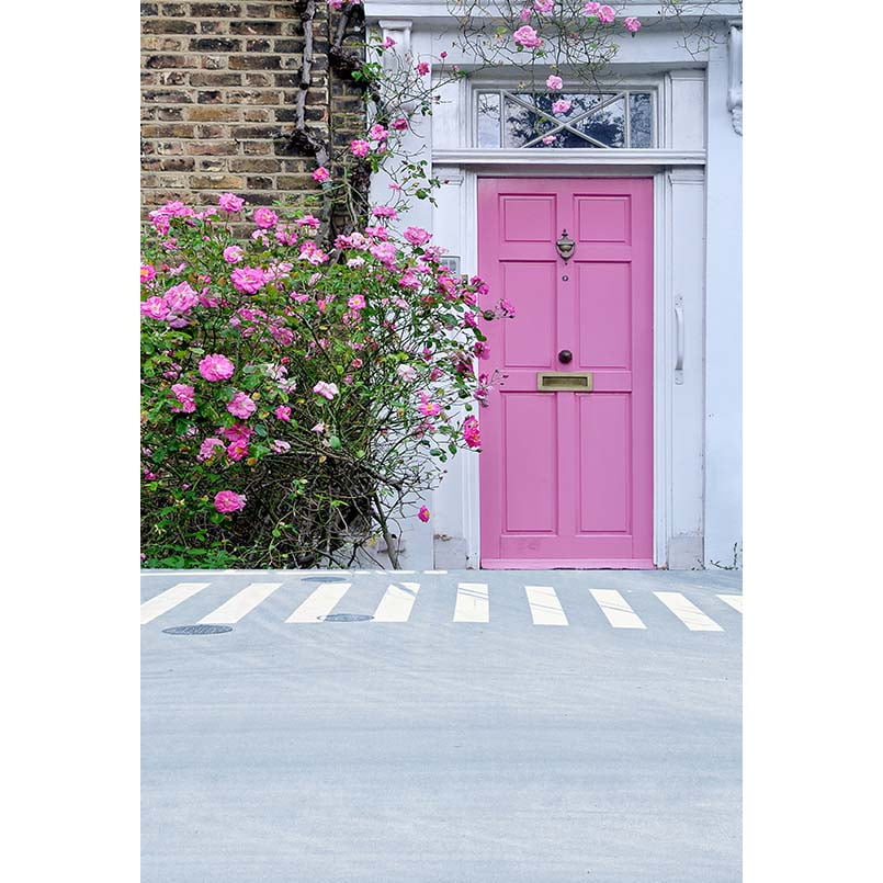Street Photography Backdrops Pink Flowers Door Brick Wall Backgrounds ...