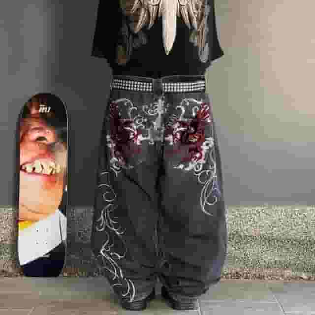 Street Vintage Harajuku Pattern Black Baggy Jeans Y2K Hip Street Vintage Harajuku Pattern Black Baggy Jeans Y2K Hip