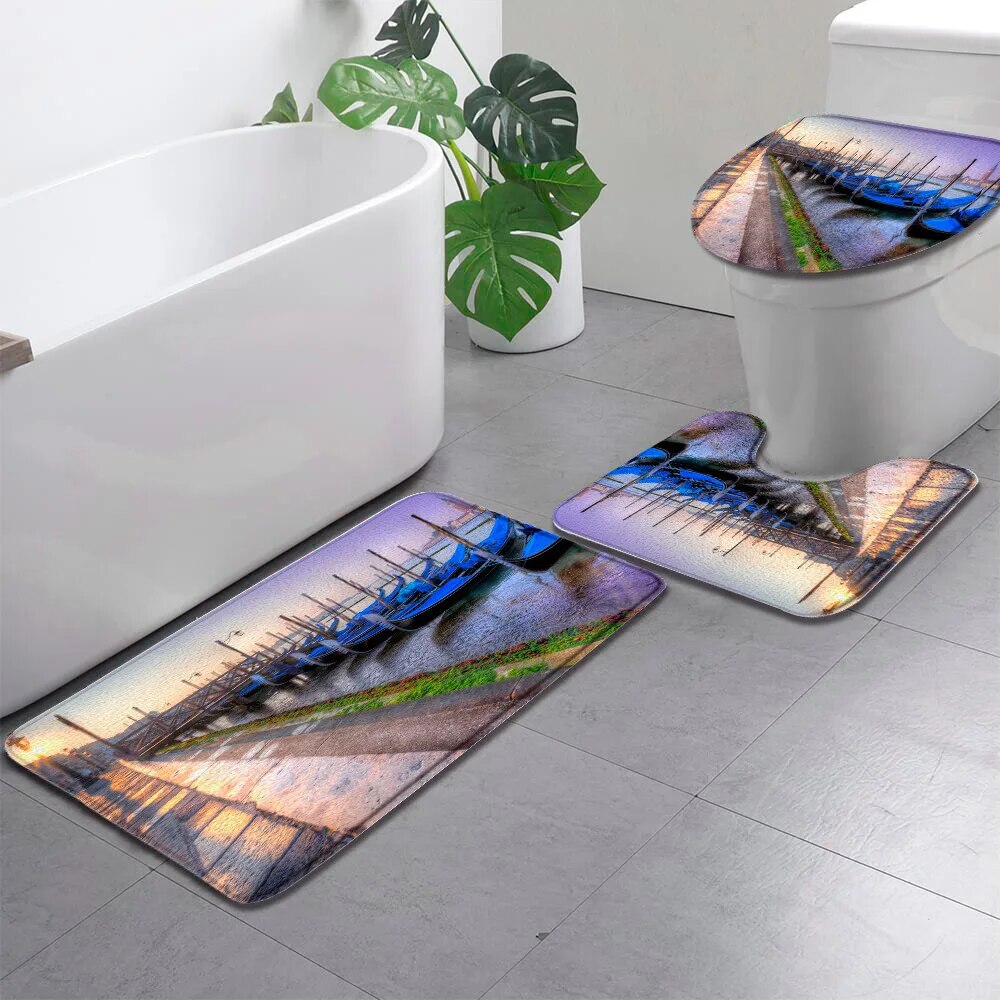 Street view 3 piece bathroom rug set artwork Water city European ...