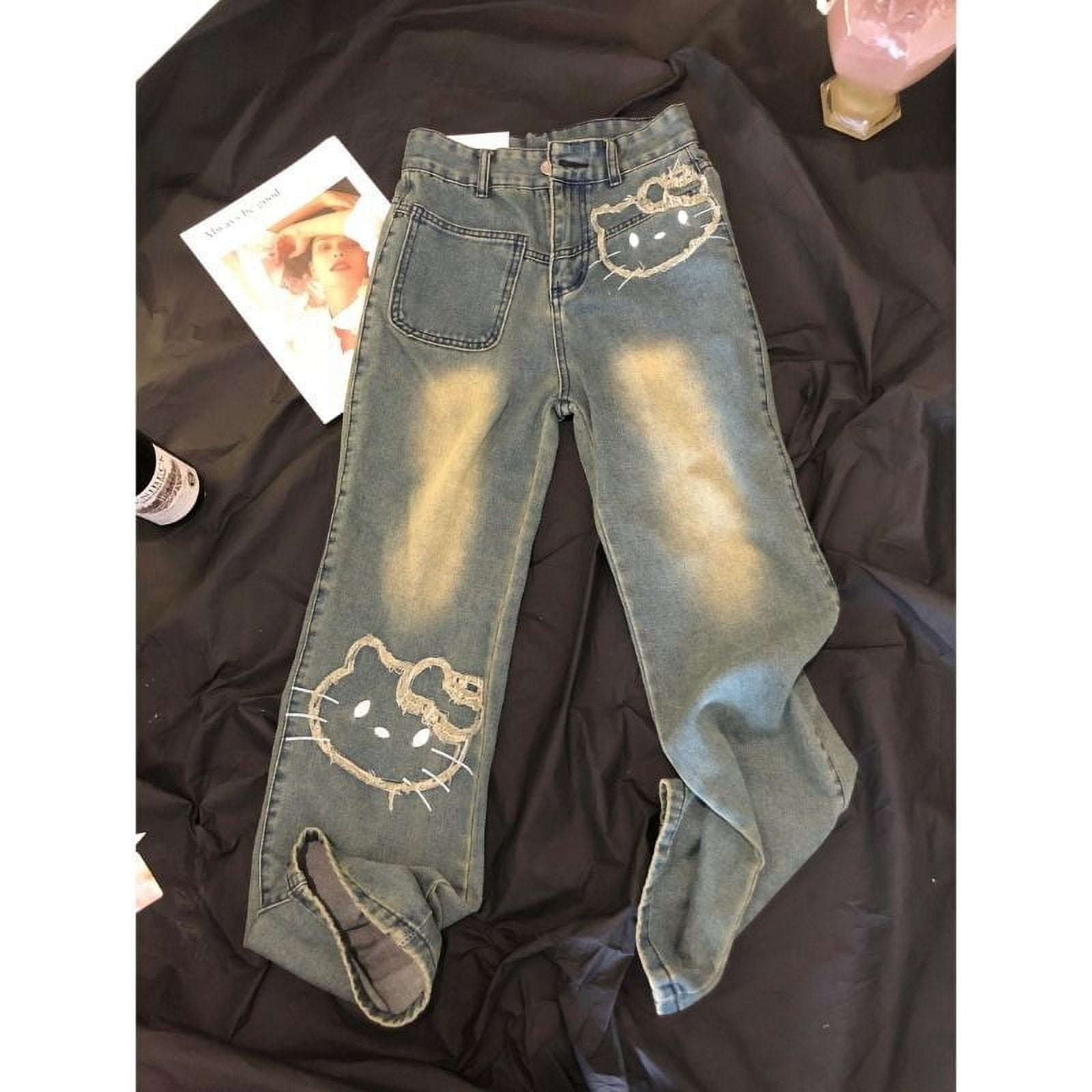 Streetwear Fashion Embroidered Hello Kitty Wide Legged Jeans Women's ...