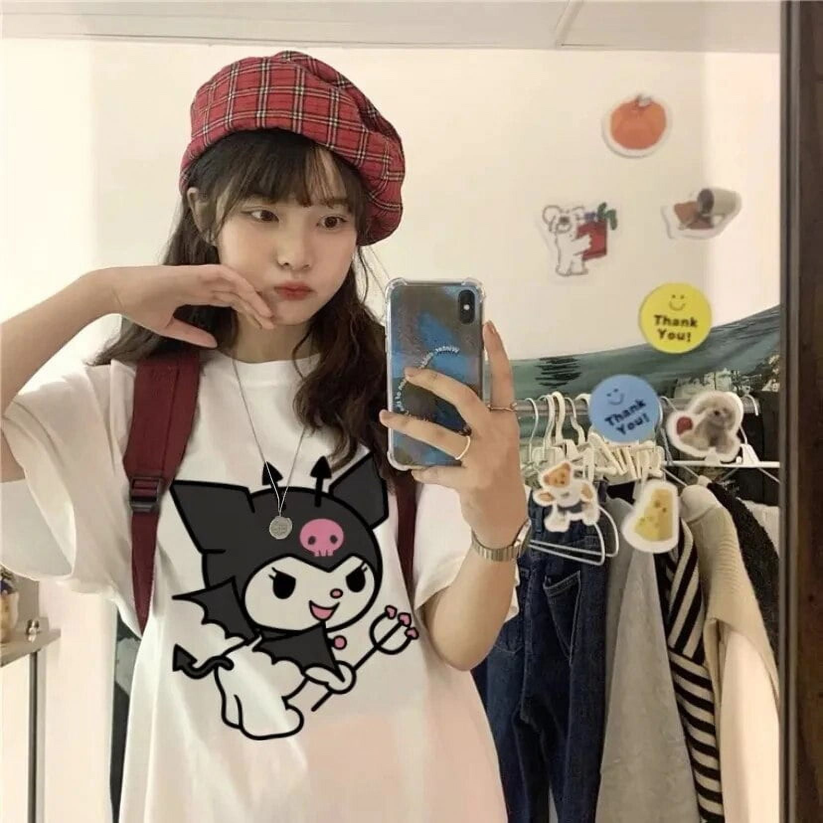 Streetwear Fashion Hello Kitty Print Shirt Summer Harajuku Gothic Short ...