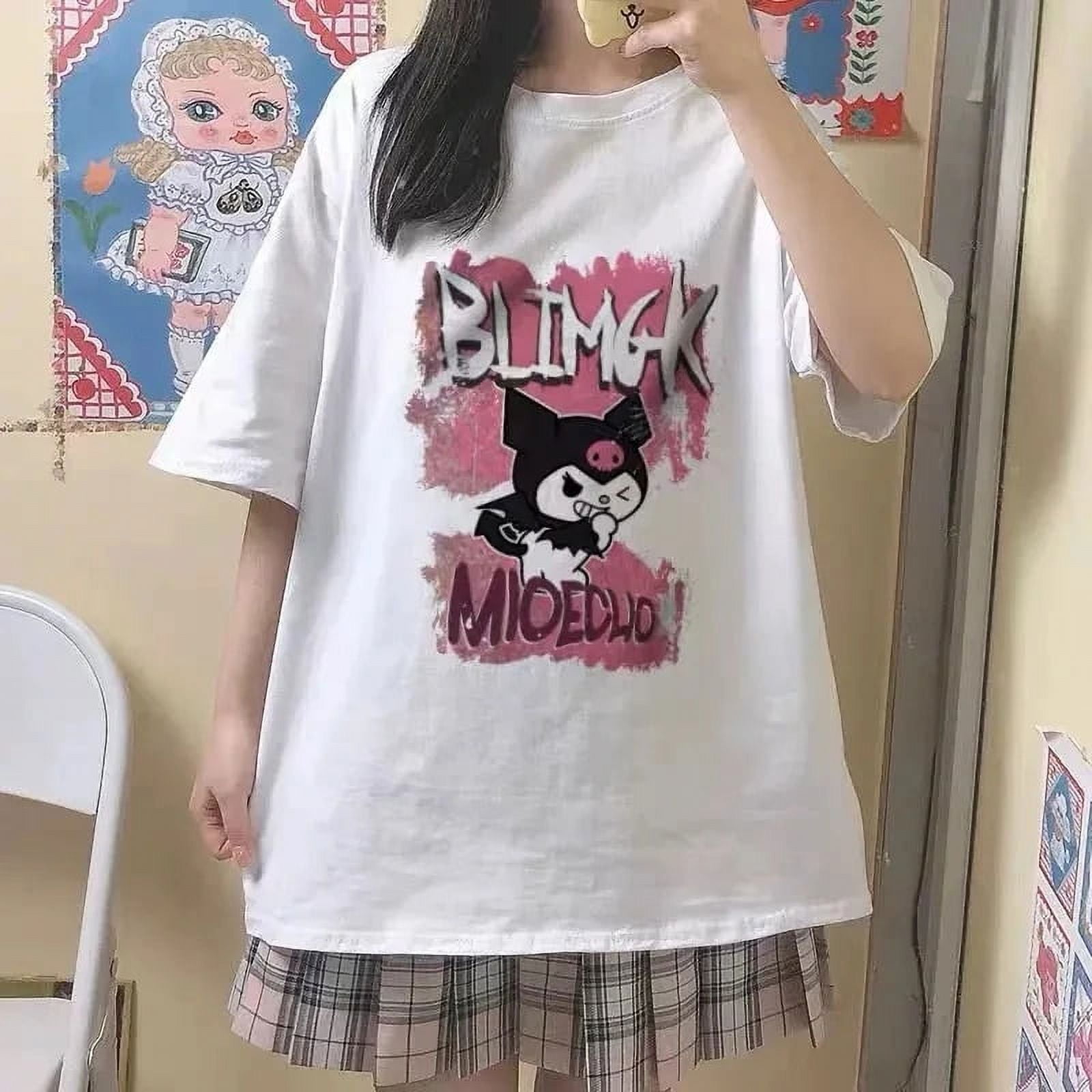 Streetwear Fashion Hello Kitty Print Shirt Summer Harajuku Gothic Short ...