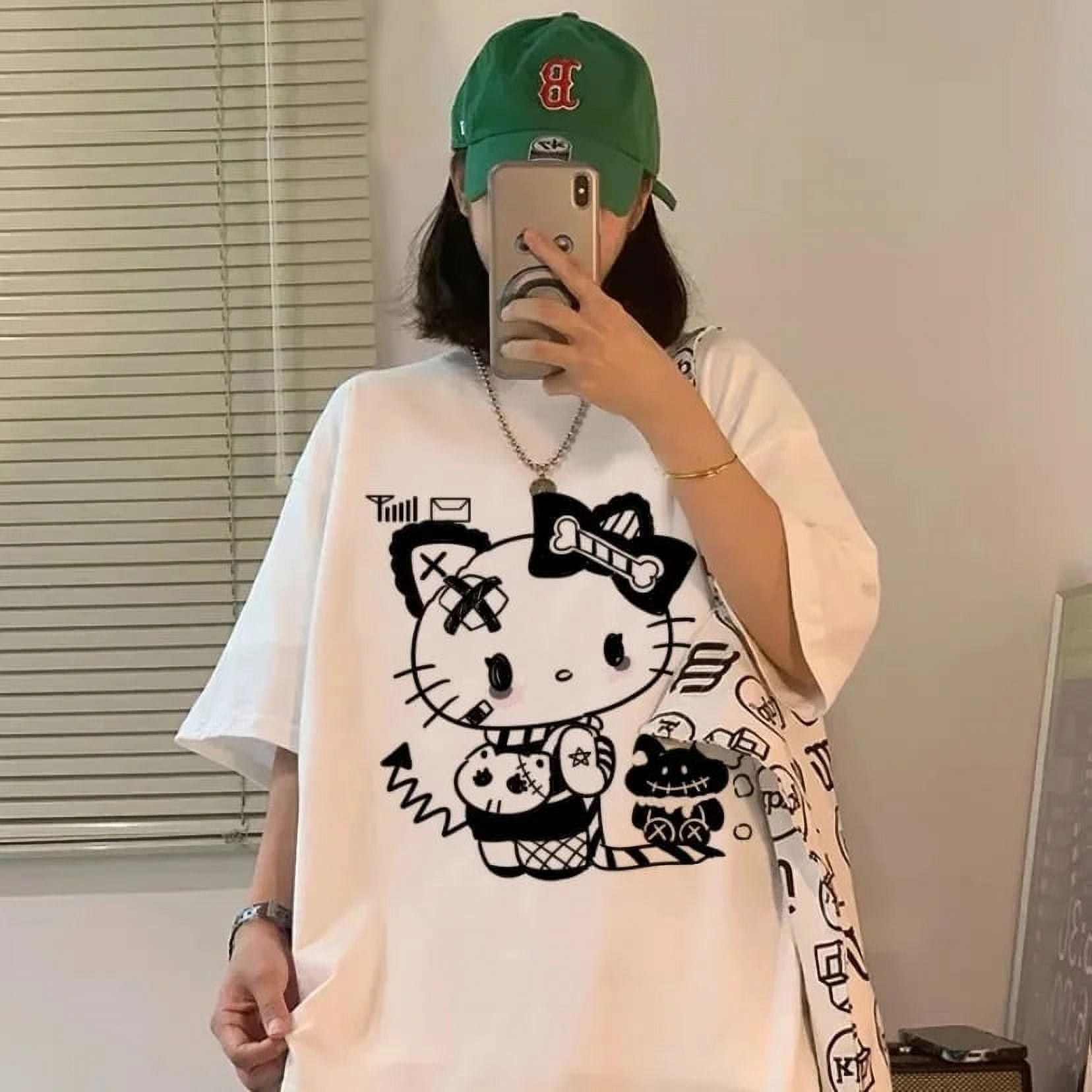 Streetwear Fashion Hello Kitty Print Shirt Summer Harajuku Gothic Short ...