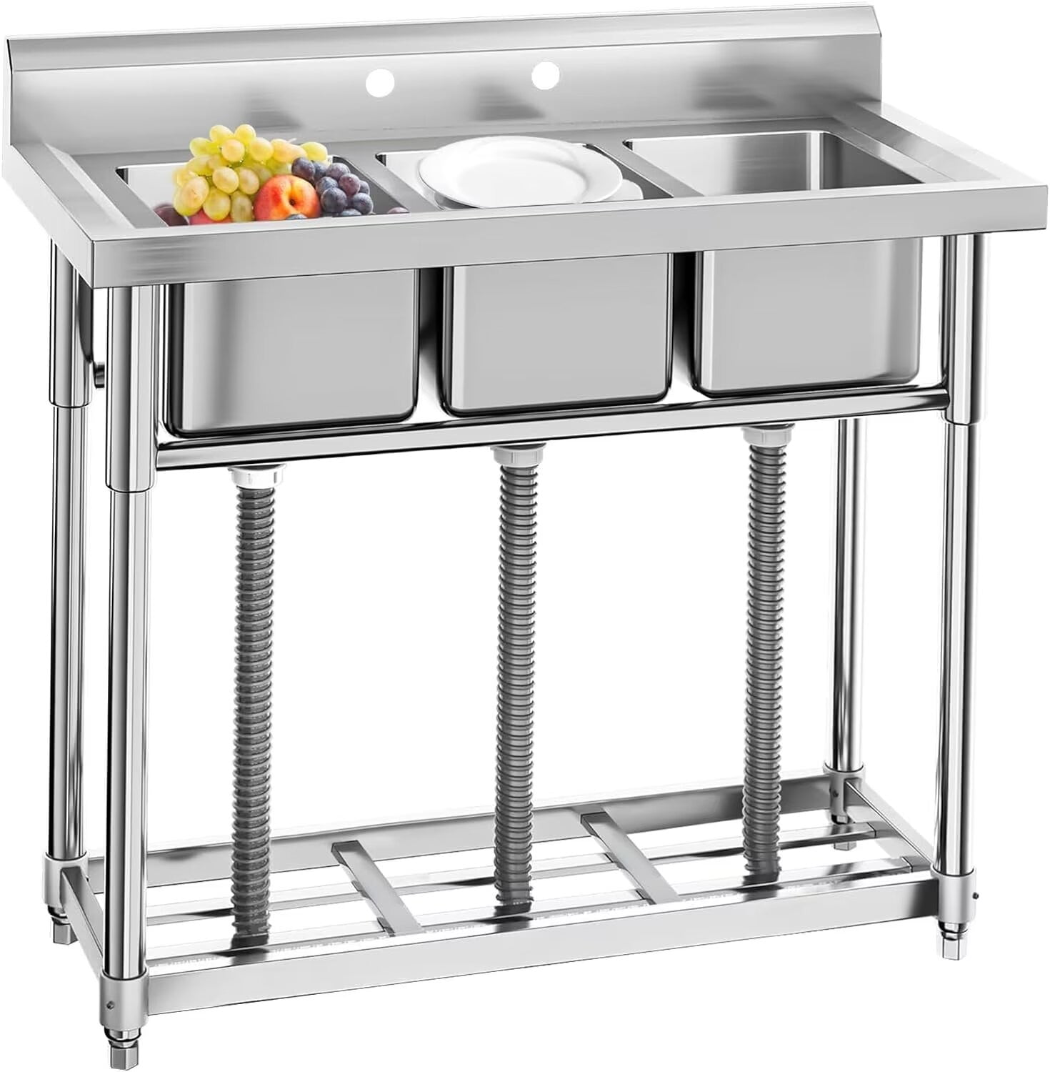 Strelect Commercial 3 Compartment Kitchen Sink with Storage Shelf, Free ...