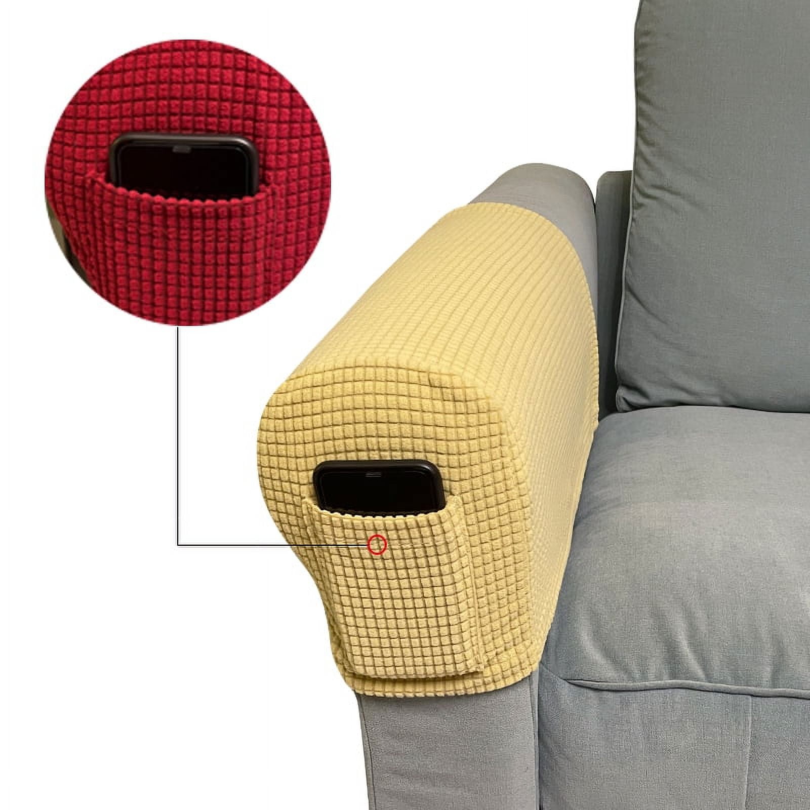 Stretch Armrest Covers with Pocket Anti-Slip Sofa Protector 2pcs Beige ...