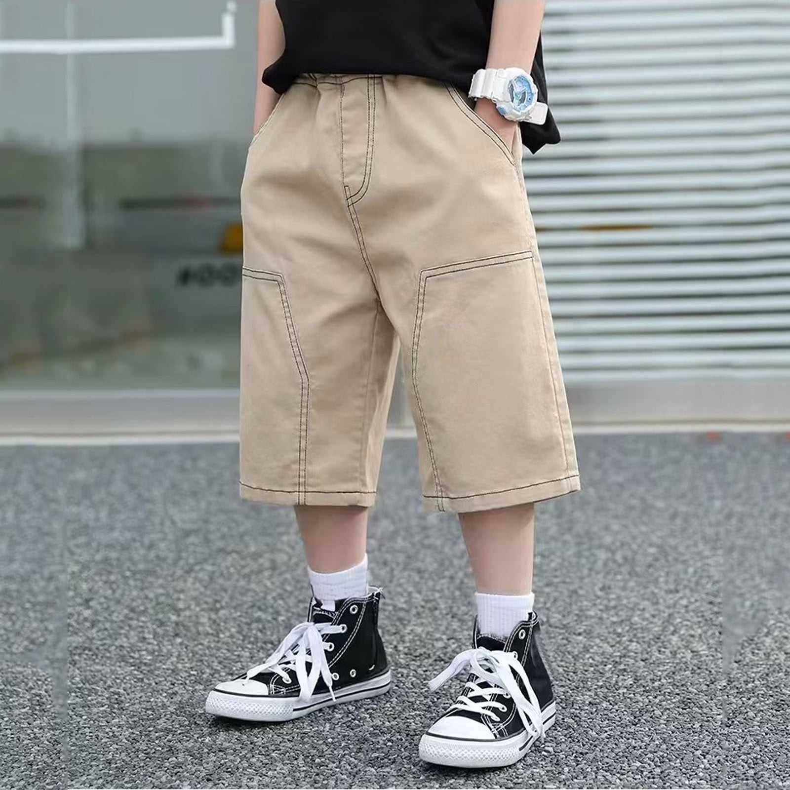 Stretch Cargo Shorts Boys Khaki Pants Elastic Waist School Kids Toddler ...
