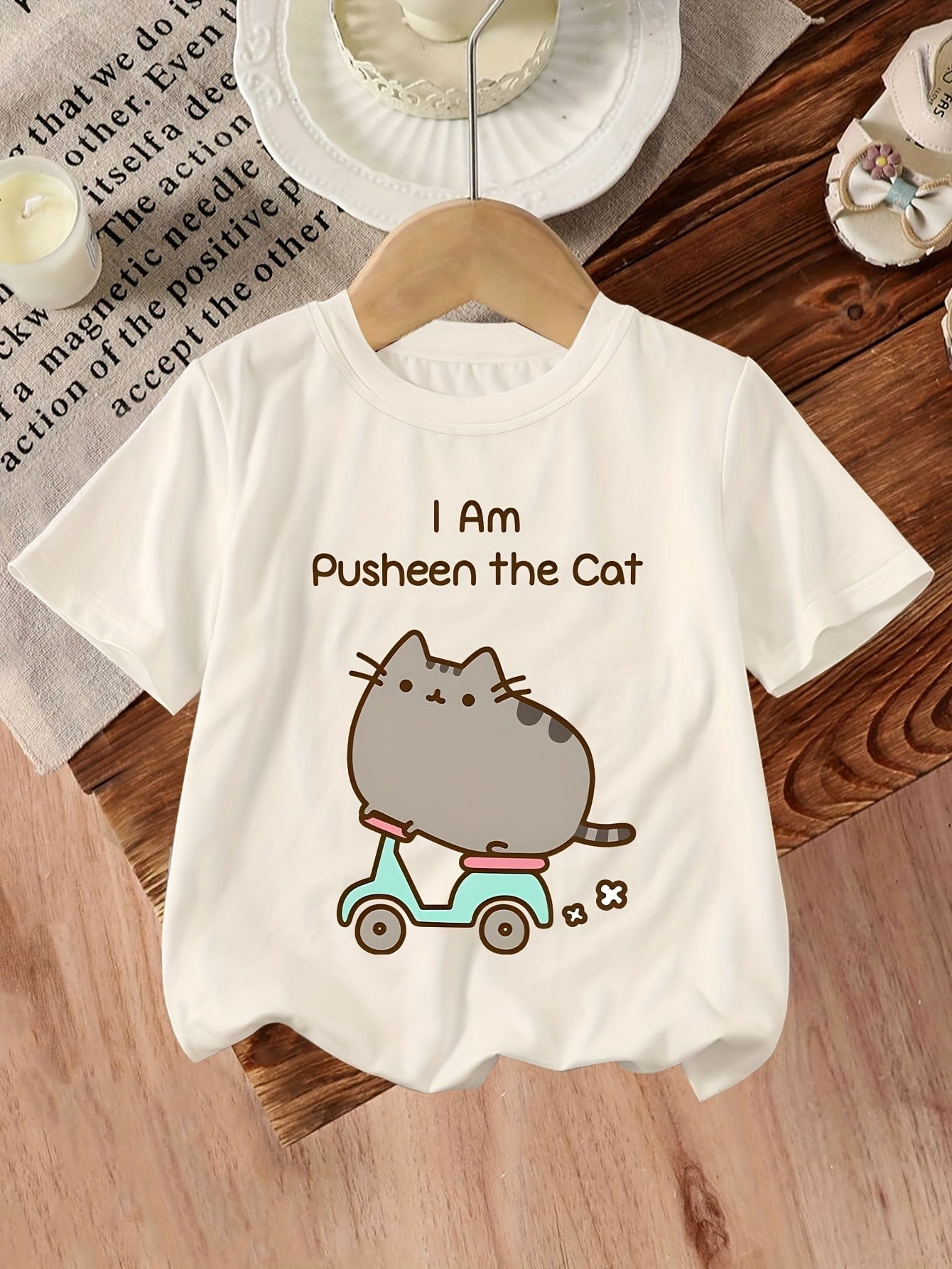 [Stretch Fit] Adorable Girls' Black Cartoon Cat Print T-Shirt - Soft ...