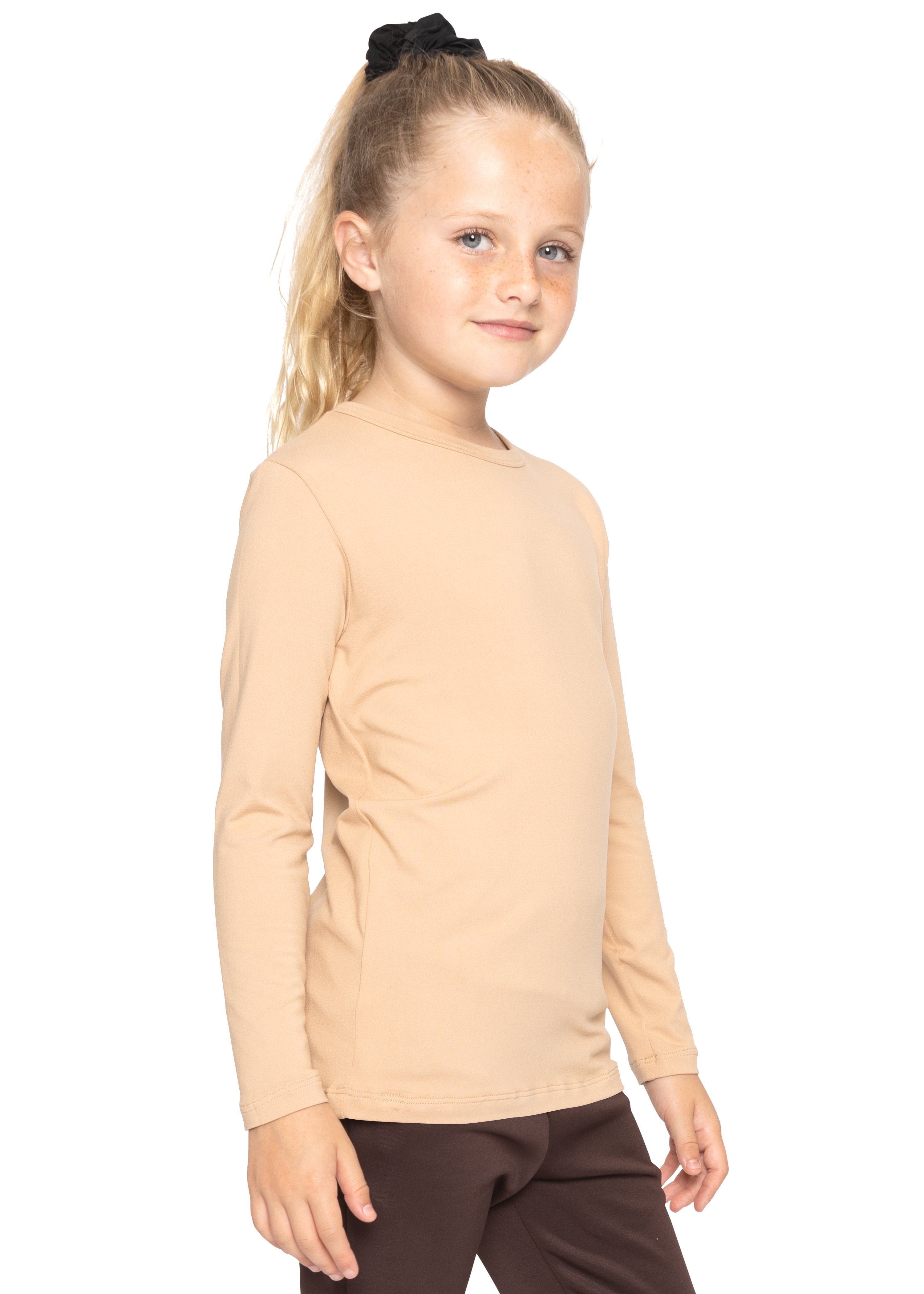 Stretch Is Comfort Girl's Poly/Spandex Crew Neck Long Sleeve Top Beige ...