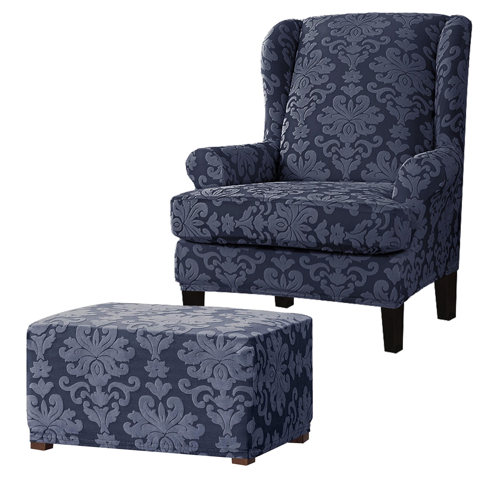 Stretch Jacquard Wingback Chair Slipcover Bundles Rectangle Ottoman ...