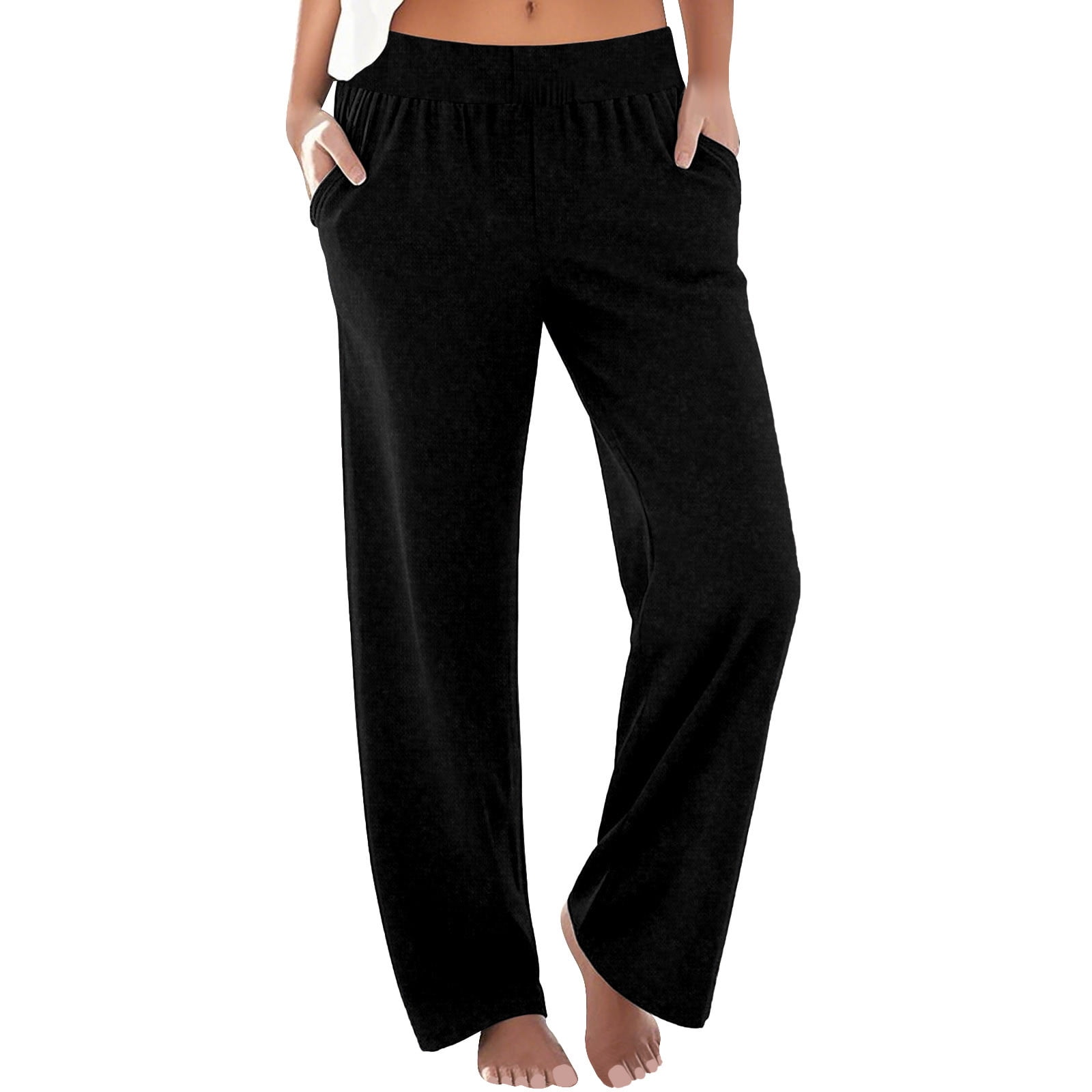 Stretch Pull on Pants Women Elastic Waist Straight Leg Pants with ...