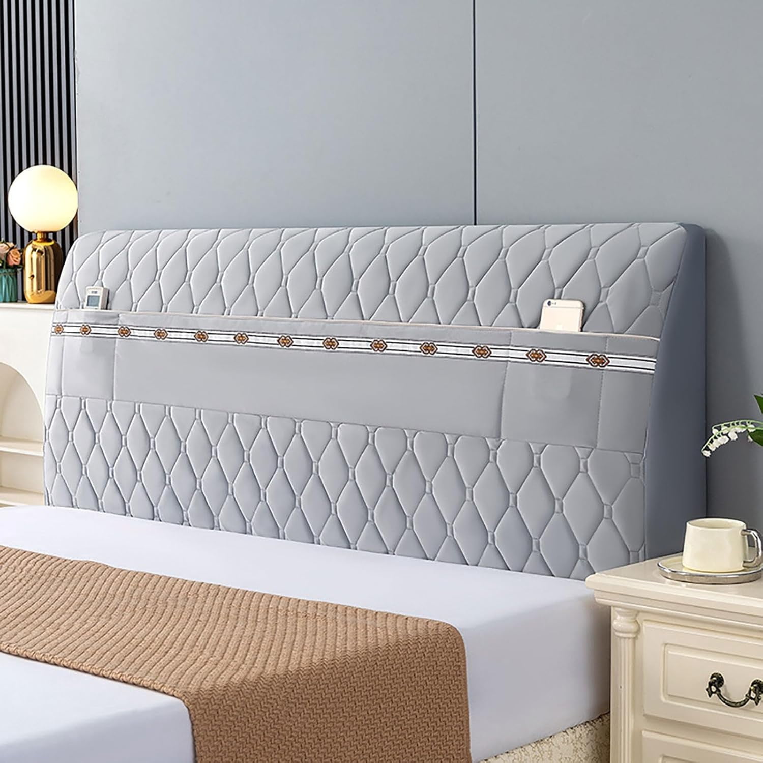 Stretch Quilted Headboard Cover with Storage Pockets - Fits Queen ...