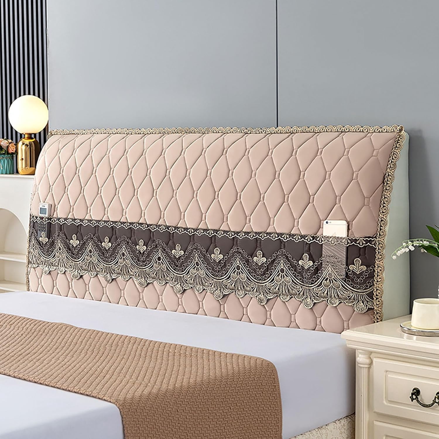 Stretch Quilted Headboard Cover with Storage Pockets - Fits Queen ...