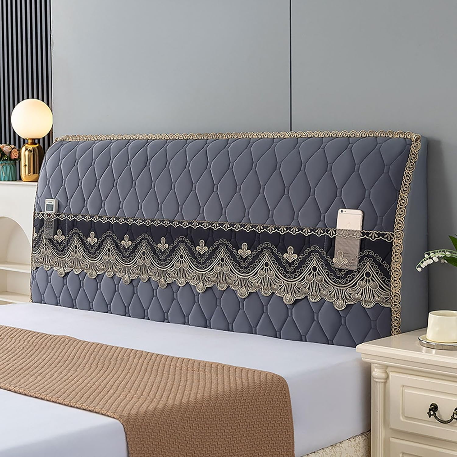 Stretch Quilted Headboard Cover with Storage Pockets - Fits Queen ...