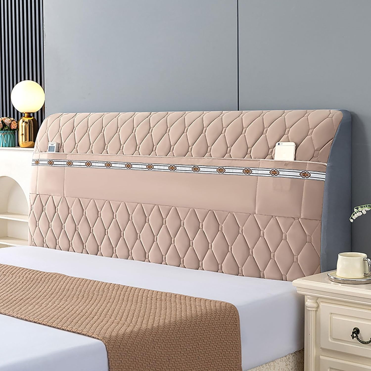 Stretch Quilted Headboard Cover with Storage Pockets - Fits Queen ...