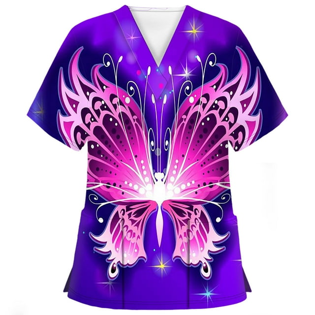 Stretch Scrub Tops for Women Butterfly Nursing Print Scrub Shirts ...