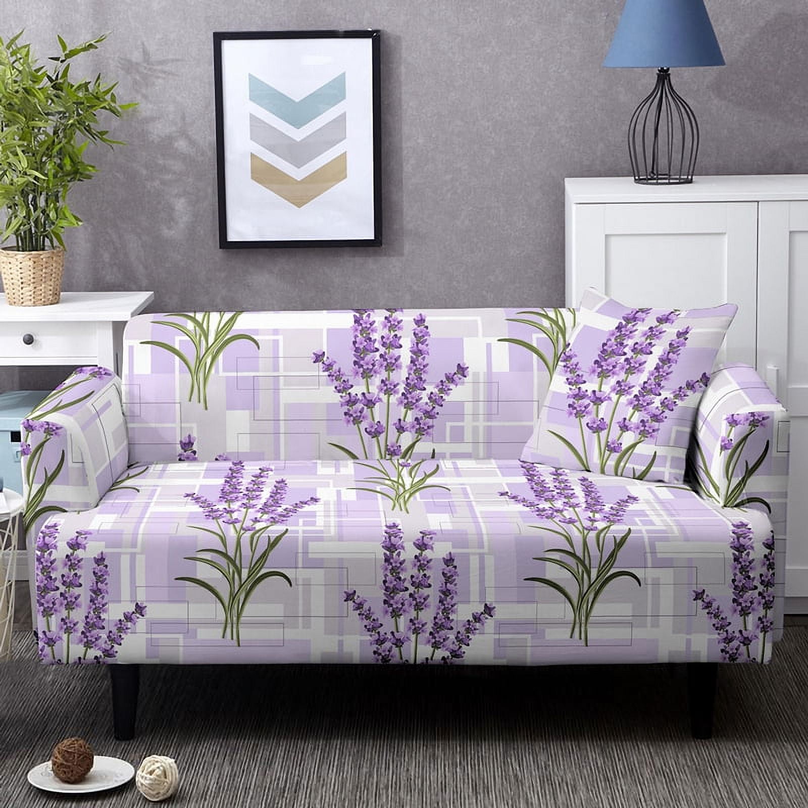 Stretch Sofa Cover For Living Room Romantic Purple Lavender Elastic ...