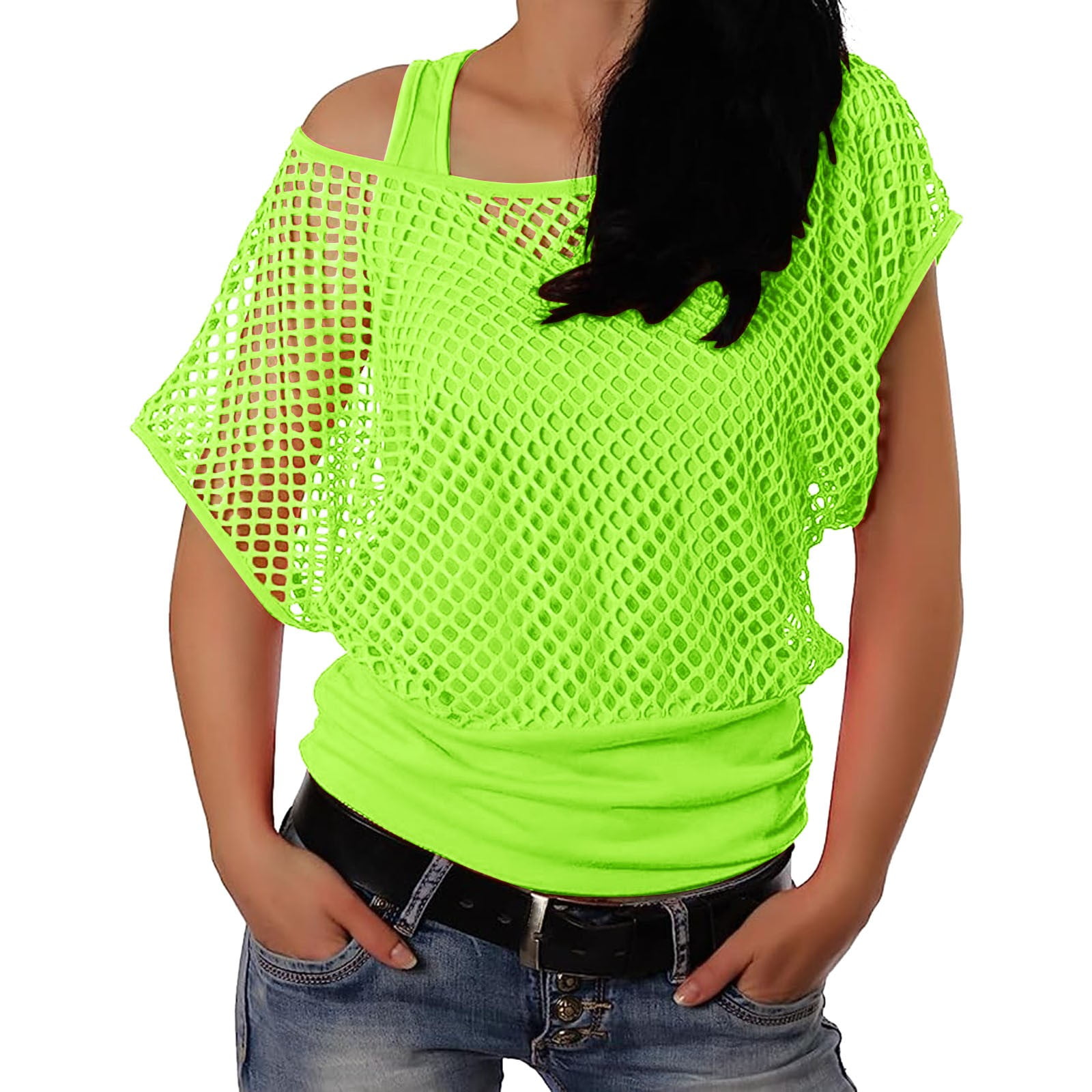Stretch Tops For Women T Shirts Neon Fishnet Mesh Off Shoulder Casual ...