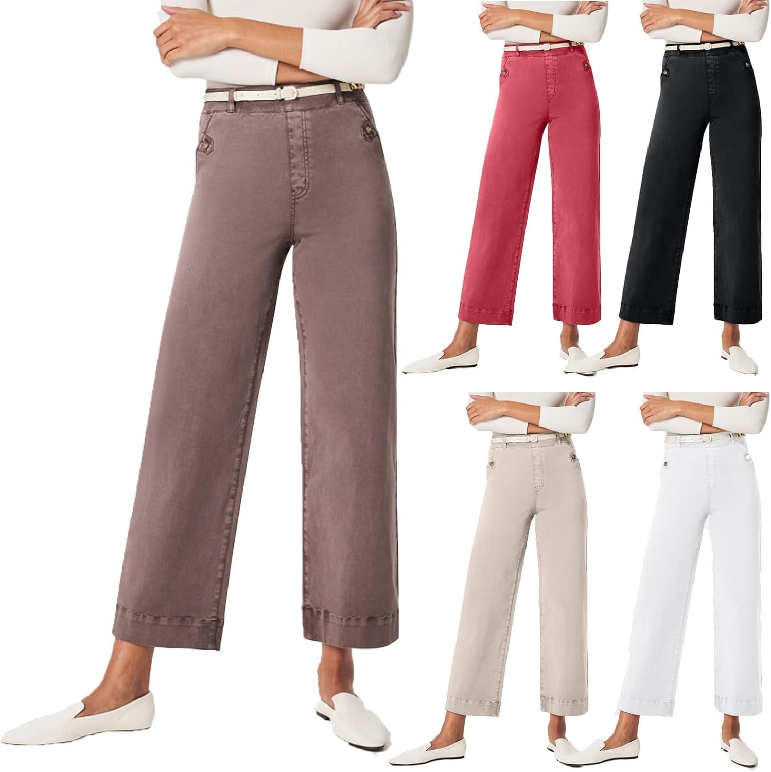 Stretch Twill Cropped Wide Leg Pant Women High Waisted Tummy Control ...