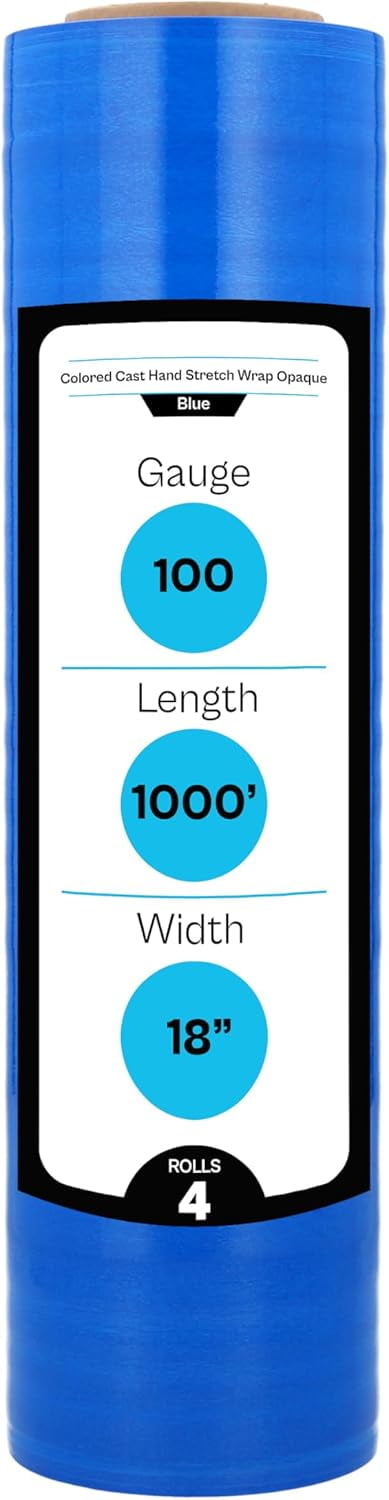 Stretch Wrap, 18 Inch x 1000 Feet, 100 Gauge, 4 Pack, Dark Blue Colored ...