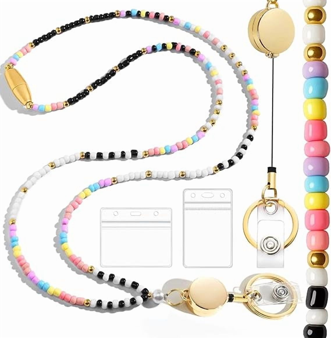 Stretchable Beaded Lanyard with Quick Release Clasp, 2 ID Badge Holders ...