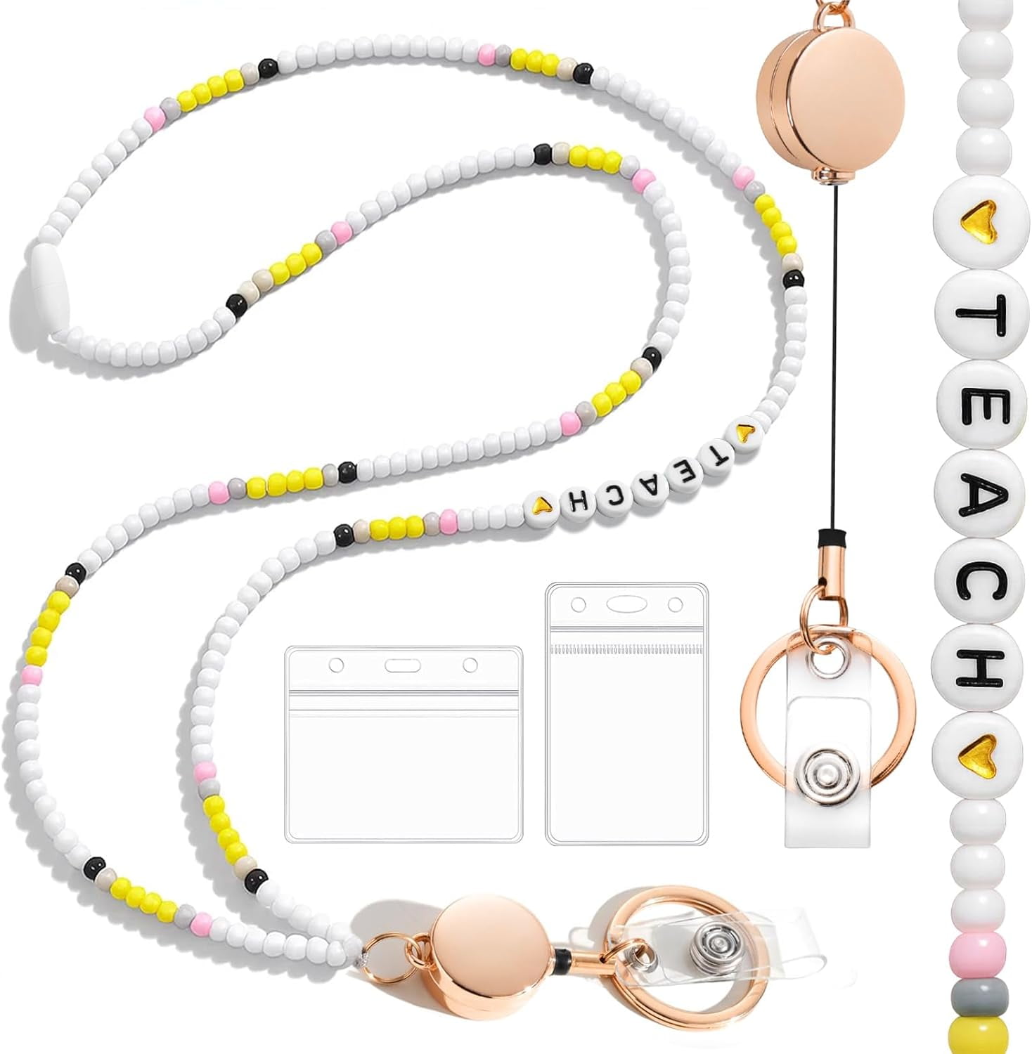 Stretchable Beaded Lanyard with Quick Release Clasp, 2 ID Badge Holders ...