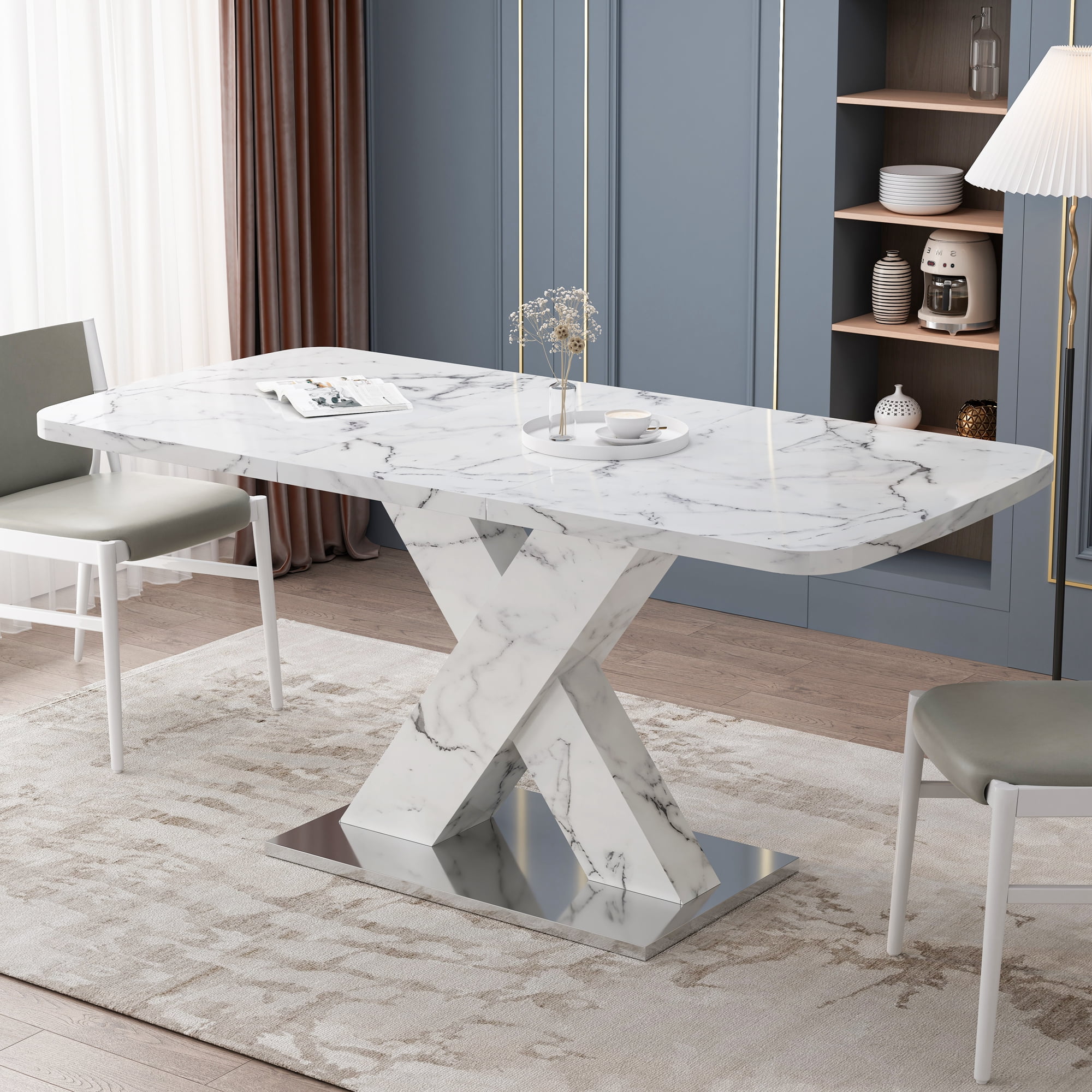 Stretchable Dining Table, Modern Square Dining Table, white Marble ...