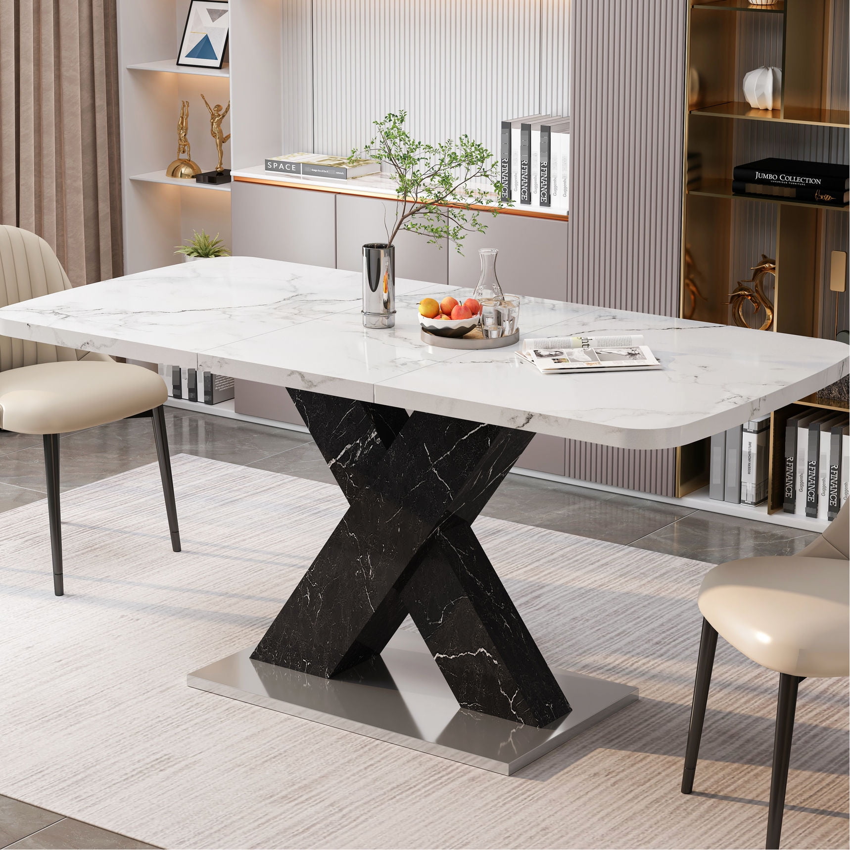 Stretchable White Marble and Black Leg Dining Table / Elegant Style ...