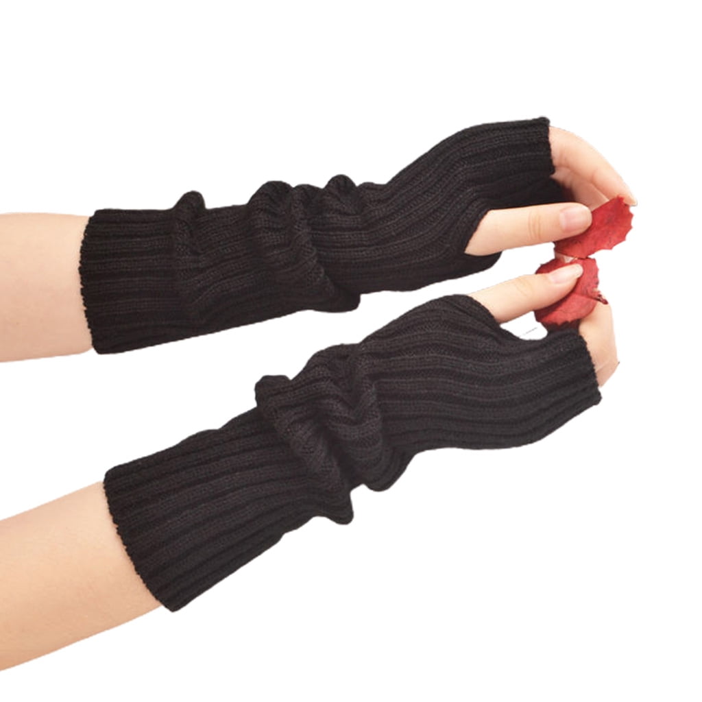Stretchy Knitted Arm Sleeves Wrist Sleeves Long Fingerless Gloves Thumb ...