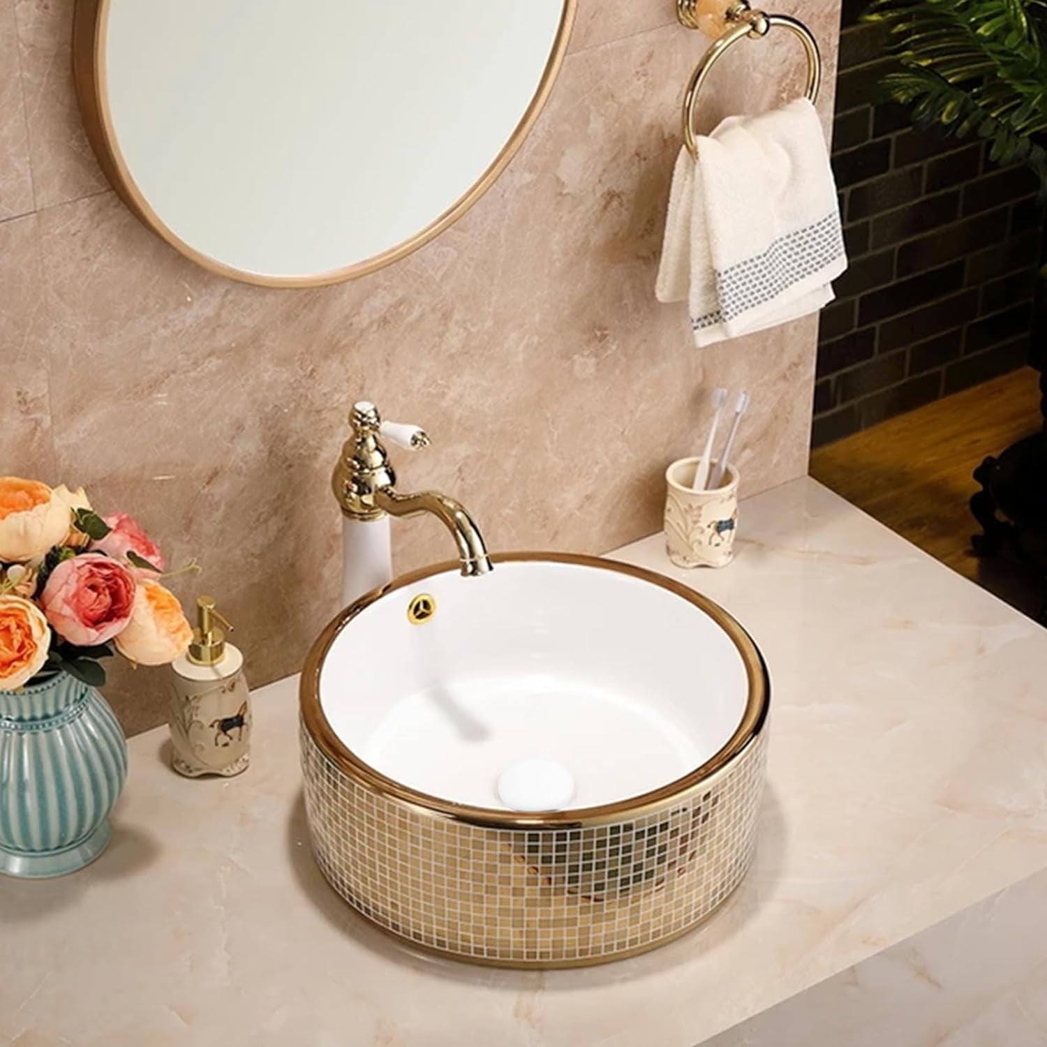 Strictly Sinks 16 Inch Gold Vessel Sink – Round Mosaic Ceramic ...