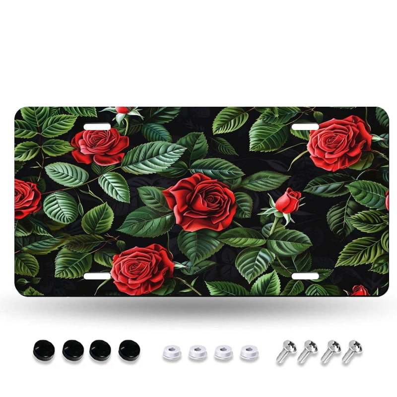 Striking Red Roses on a Dark Green Background License Plate Frame ...