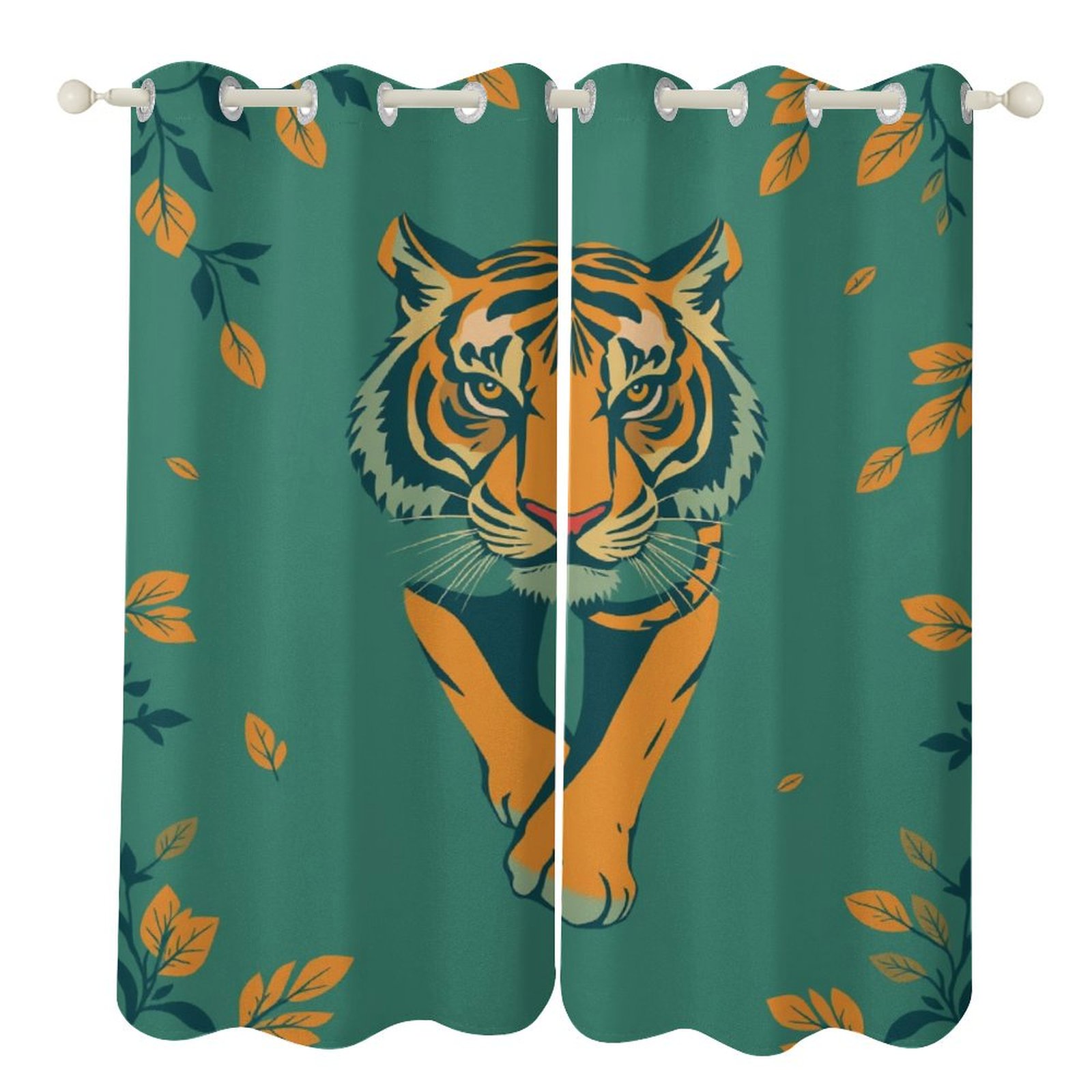 Striking Tiger Autumn Leaves Teal Background 2 Pieces Window Drape ...