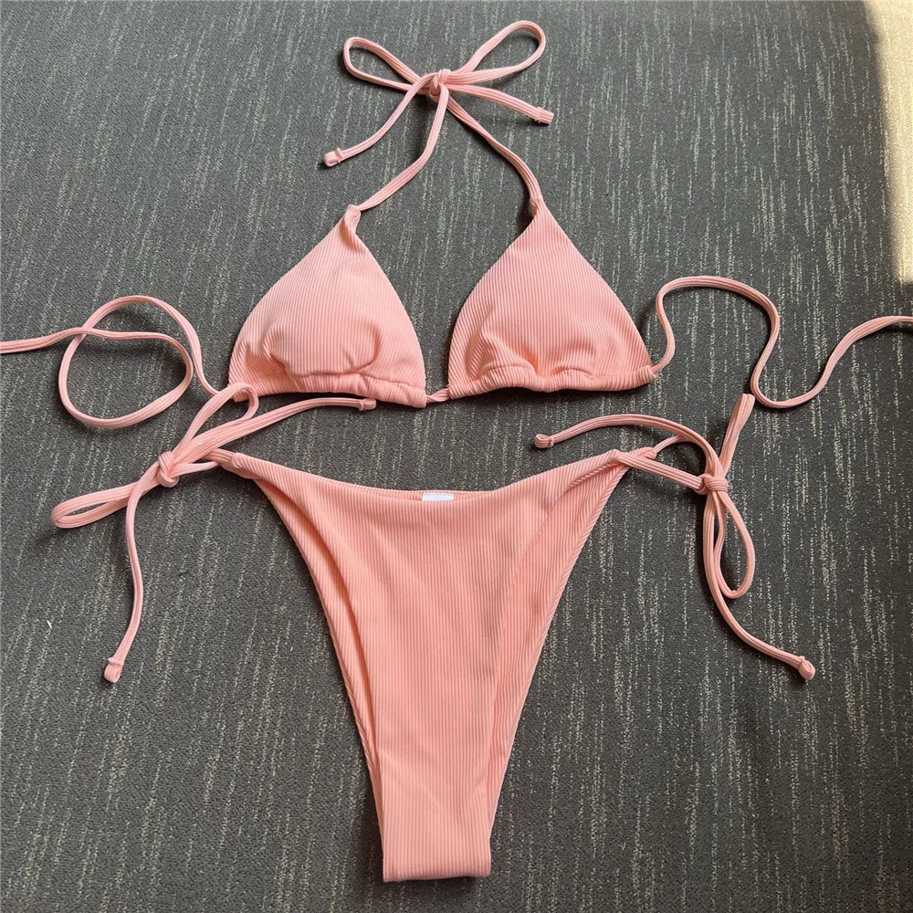 String Halter Ribbed Swimwear Women Triangle Micro Thong Bikinis Set ...
