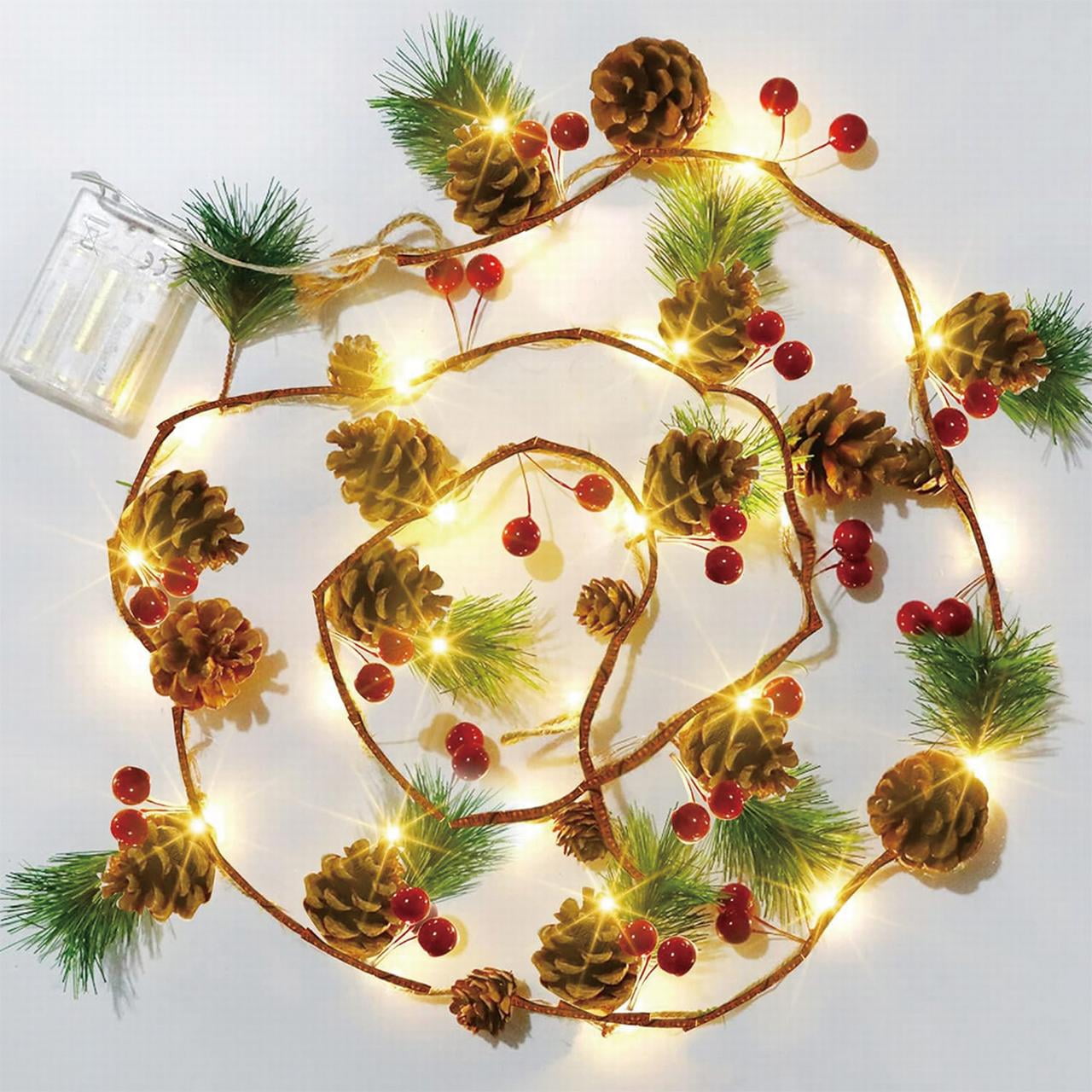 KAHOO 6ft LED Pine Cone String Lights with Berries and Pine Needles for ...