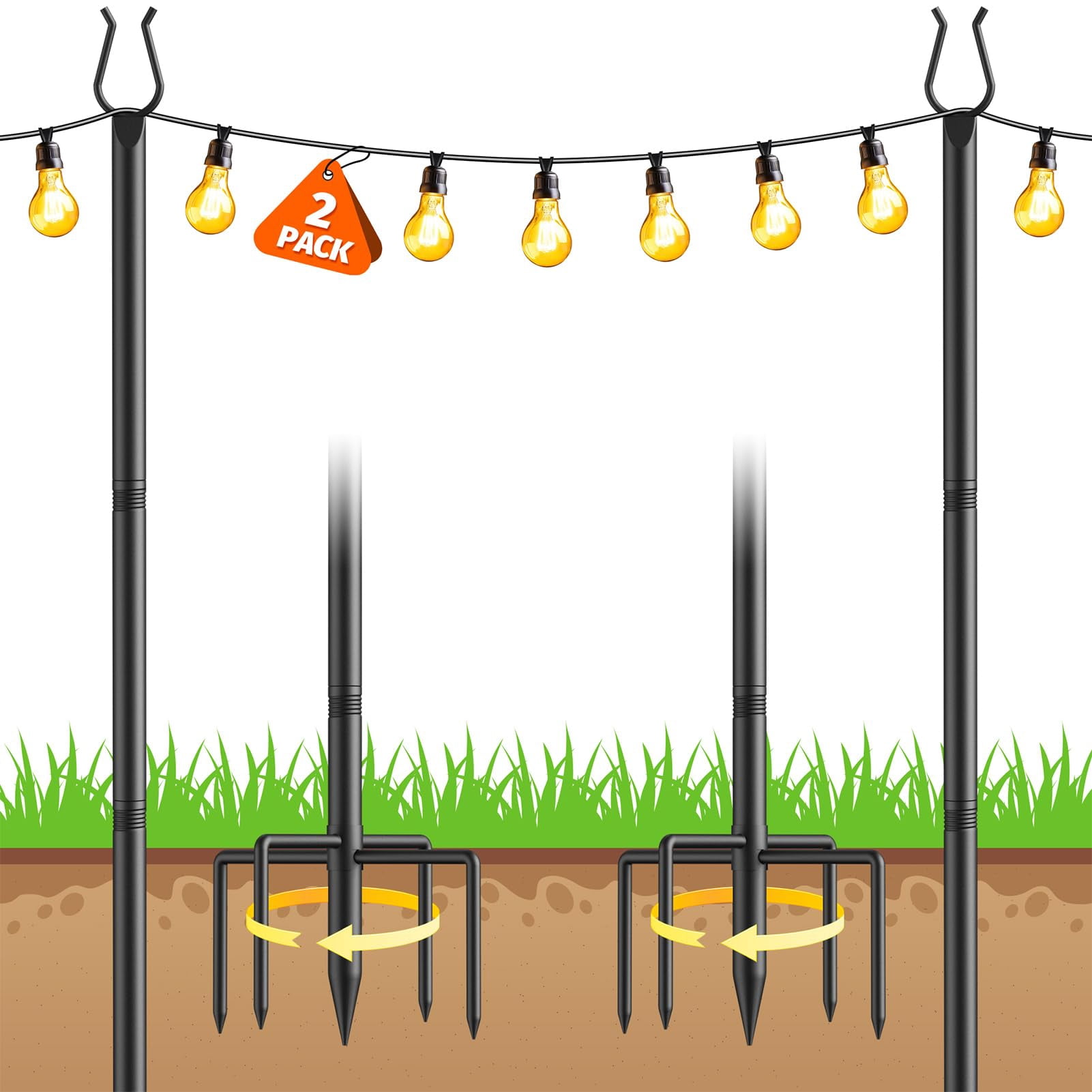 String Light Poles 2 PACK - 10ft Outdoor Durable Lights for Backyard ...
