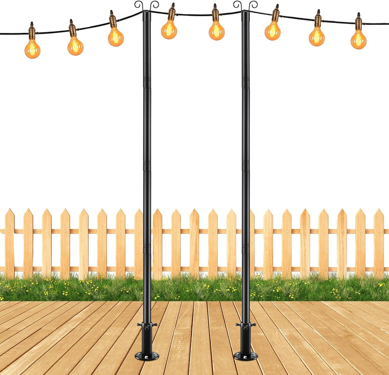 String Light Poles for Ground, 8FT Heavy Duty Adjustable Metal Poles ...