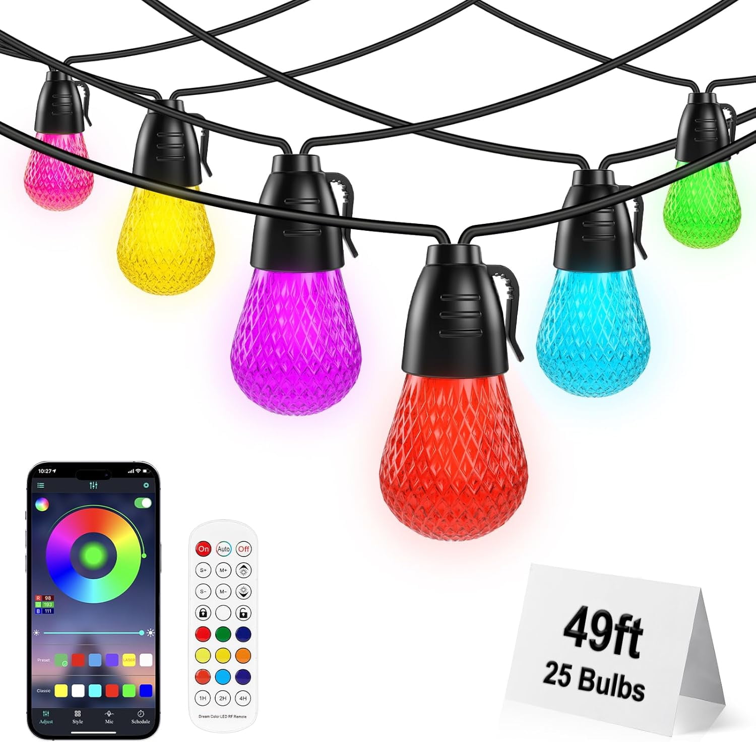 String Lights, 49FT RGB Patio Lights with IP66 Waterproof 25 Dimmable ...