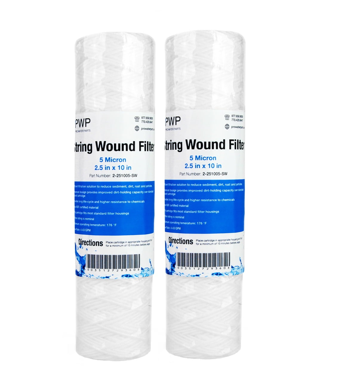 Pro Water Parts String Wound Sediment Water Filter Cartridge, 2.5x10 Inch, 5 Micron, 2 Pack ...