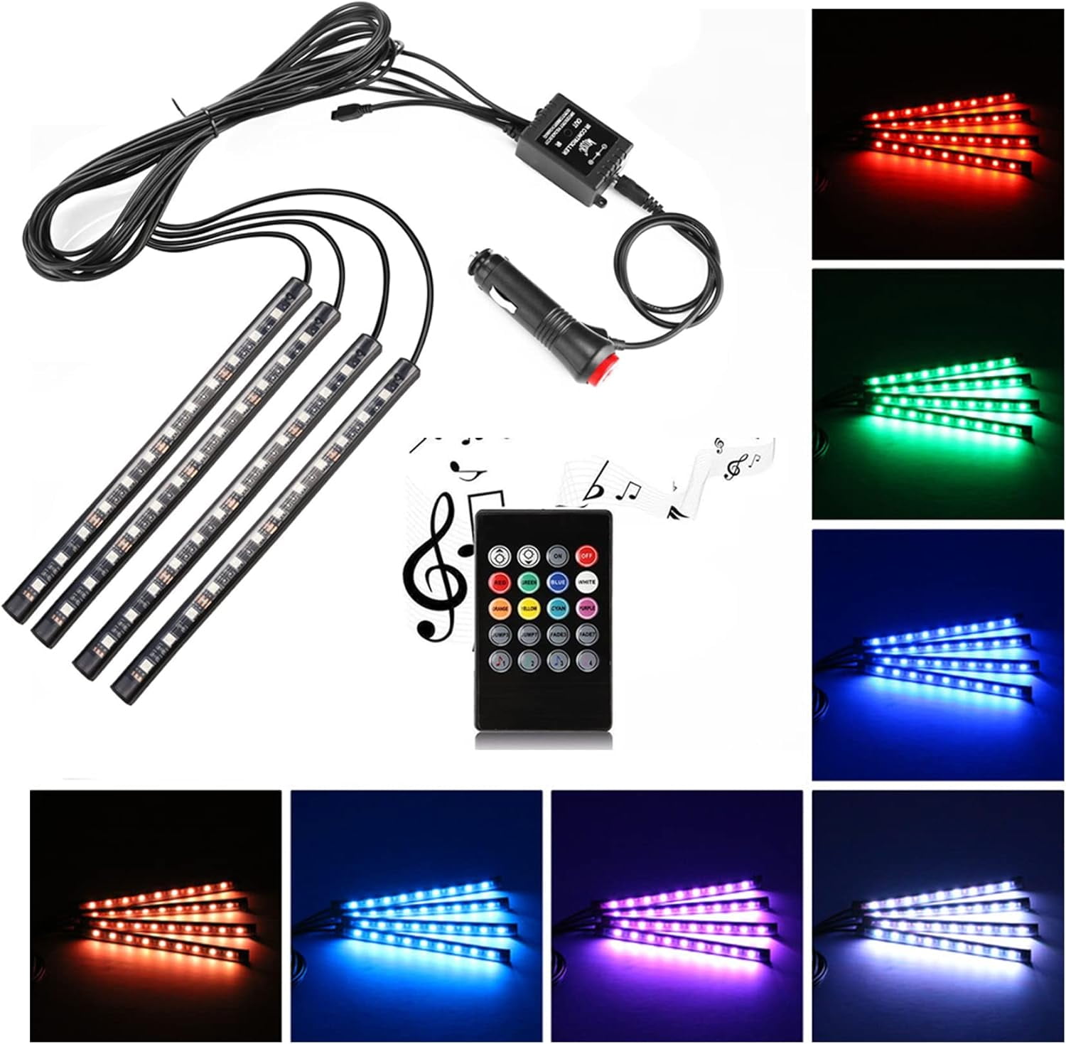 Strip Light, 4 count DC 12V 72 Multicolor Interior Music Light ...