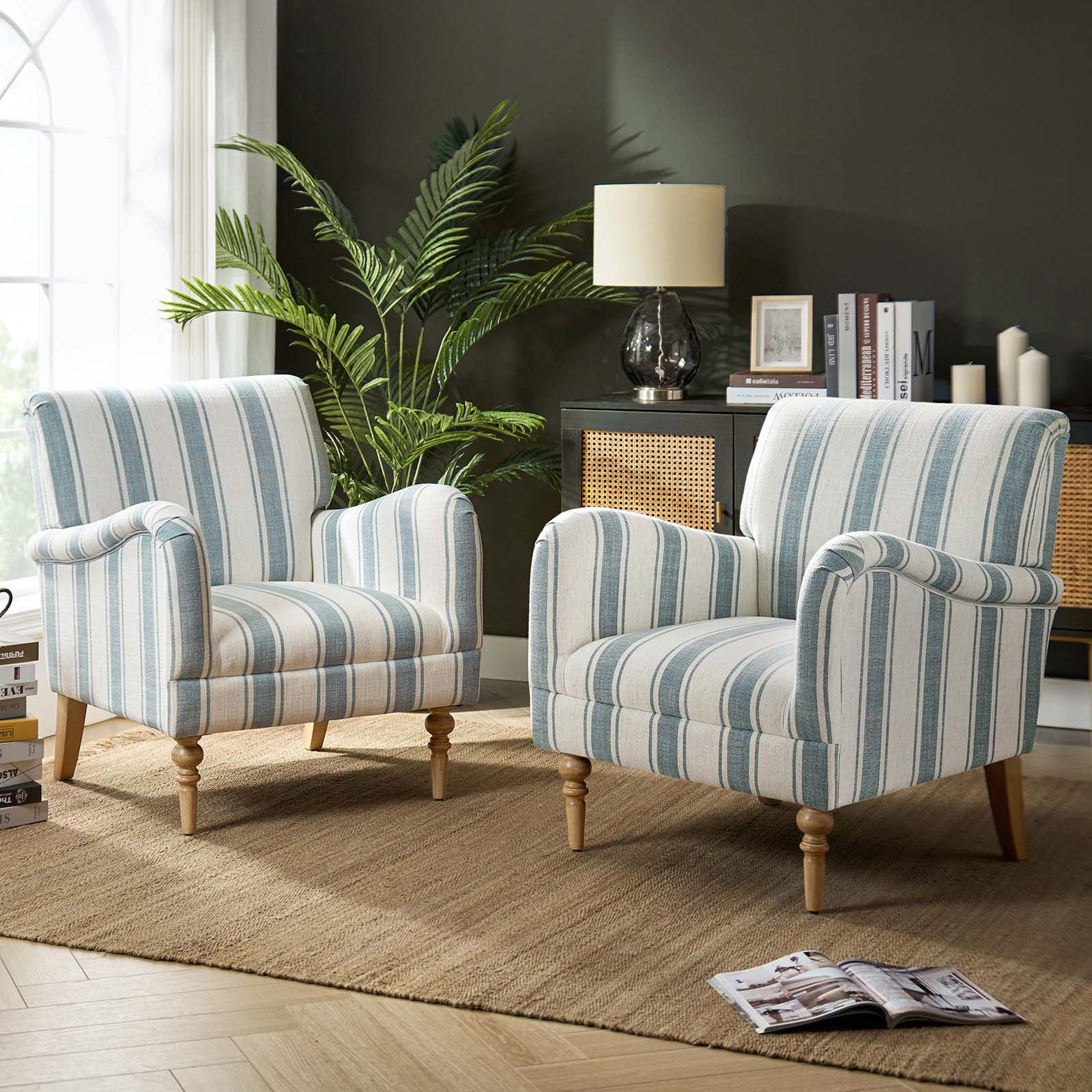 Modern Stripe Accent Armchairs Set of 2, Blue Upholstered with Wood ...